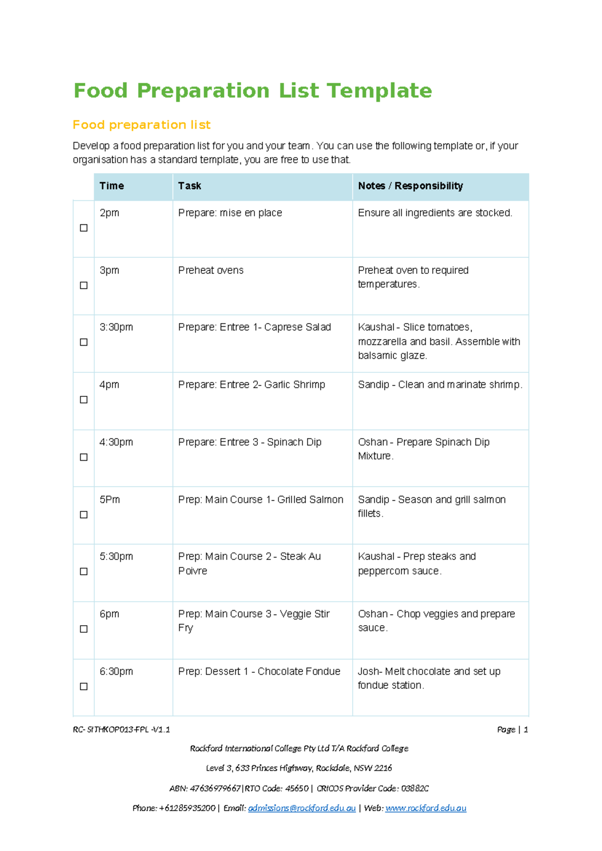 Sithkop 013 Food Prep List Template for Team Coordination - Studocu