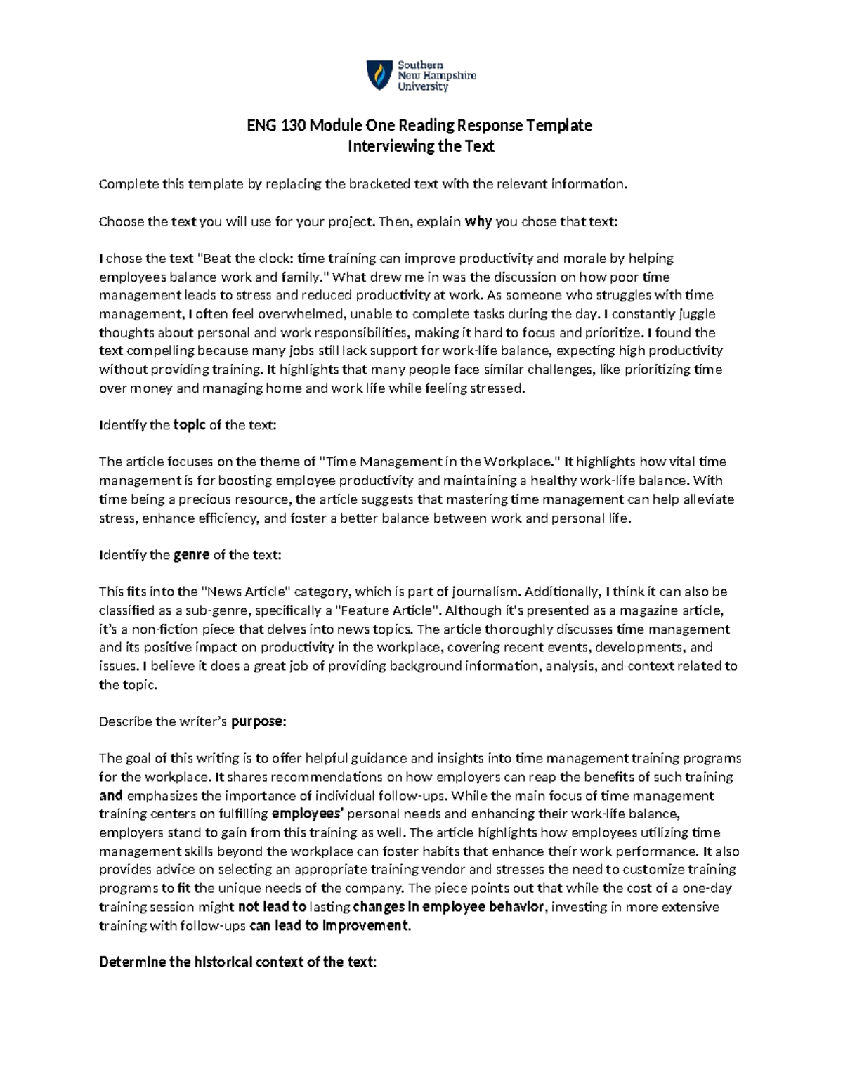 ENG 130 Module 1 Reading Response: Time Management Insights - Studocu