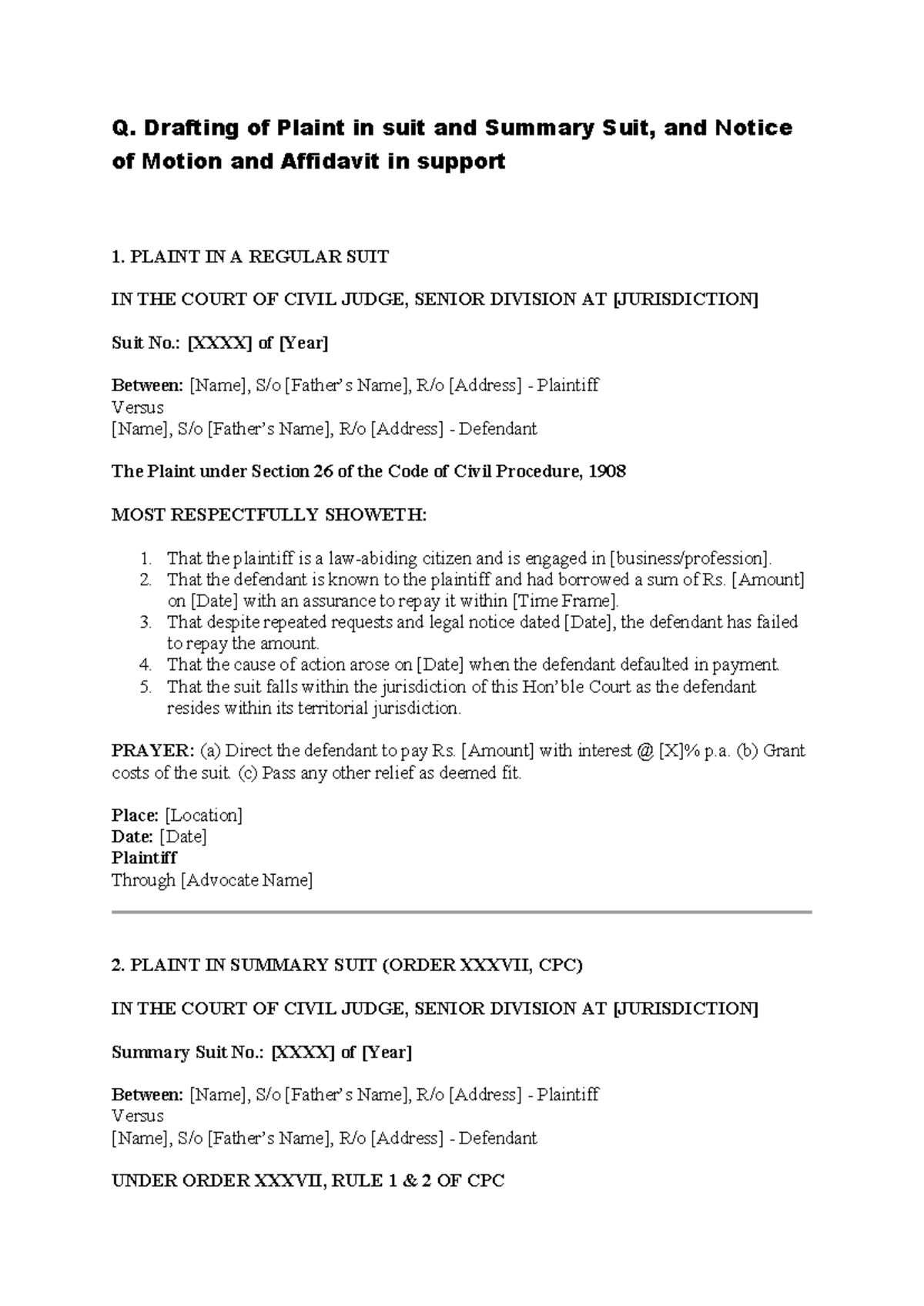 DPC Drafts: Plaint, Notice of Motion, Affidavit & Miscellaneous ...
