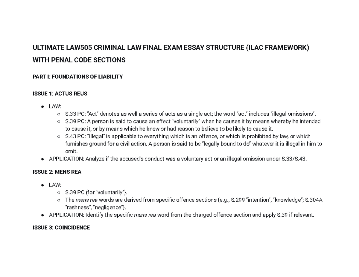 LAW505 CRIMINAL LAW FINAL EXAM ESSAY STRUCTURE & PENAL CODE SECTIONS ...