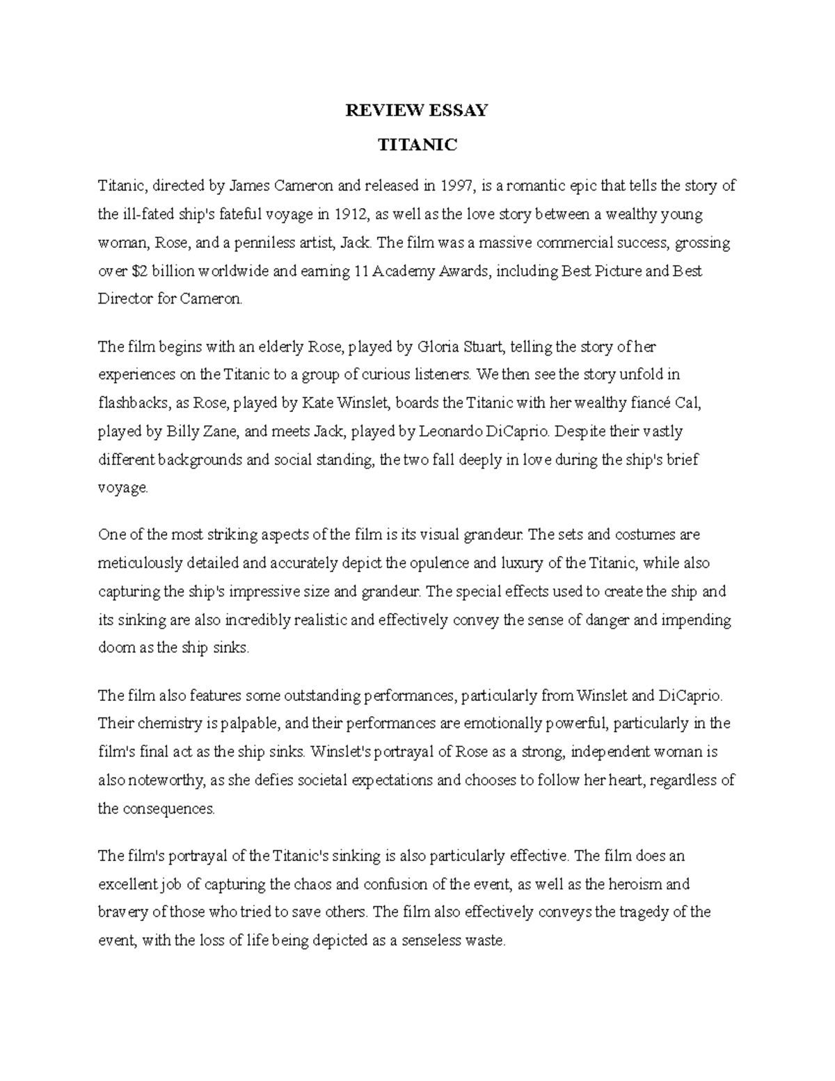 Titanic Movie Review Essay - REVIEW ESSAY TITANIC Titanic, directed by ...