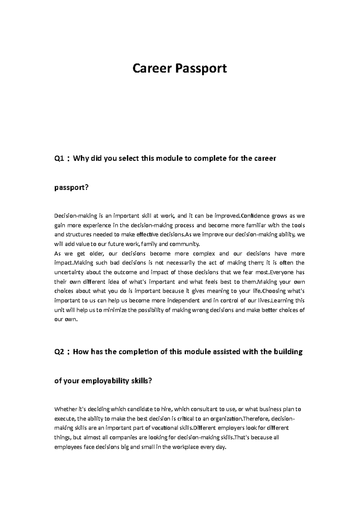 SCD Career Passport - Career Passport Q1 ： Why did you select this ...