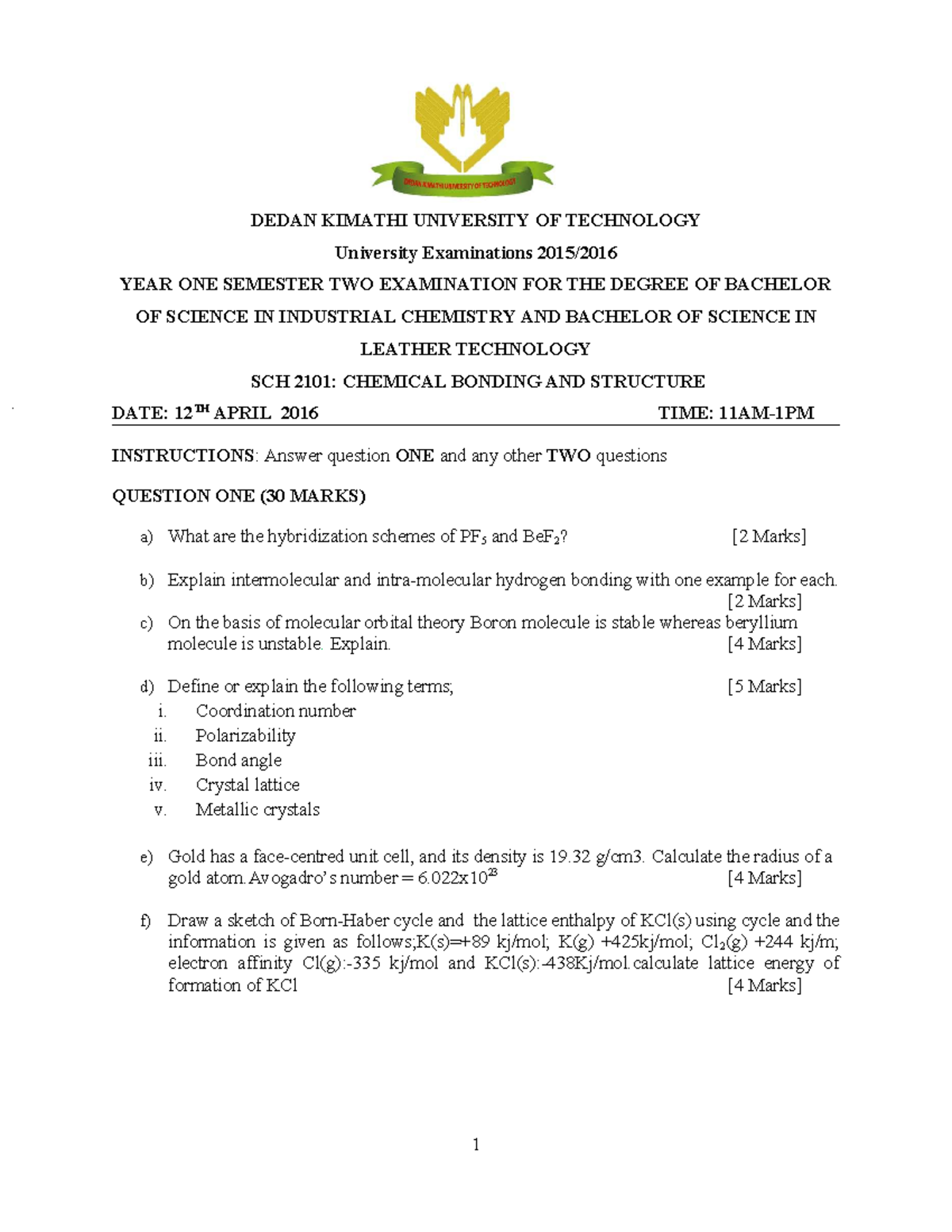 SCH 2101: Chemical Bonding & Structure Exam Notes - Dedan Kimathi ...
