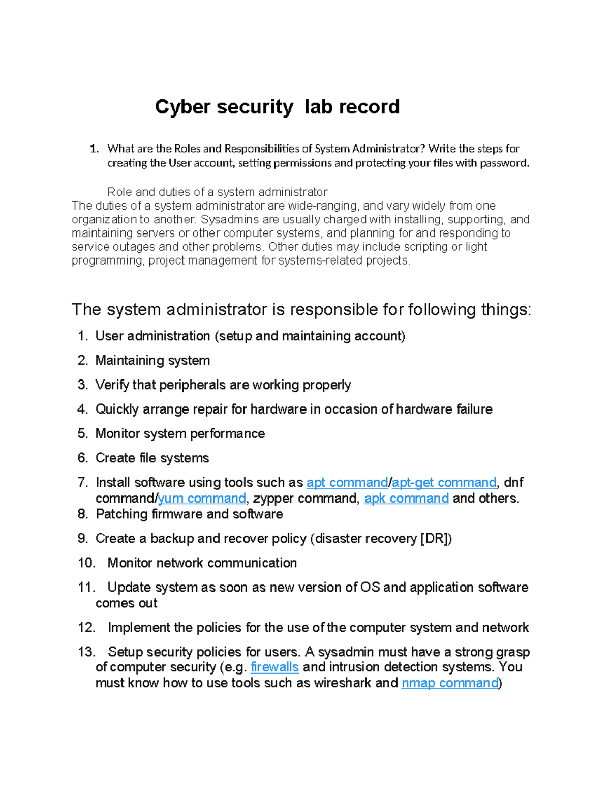 Cyber Security Lab Record: Sysadmin Duties & User Account Setup - Studocu