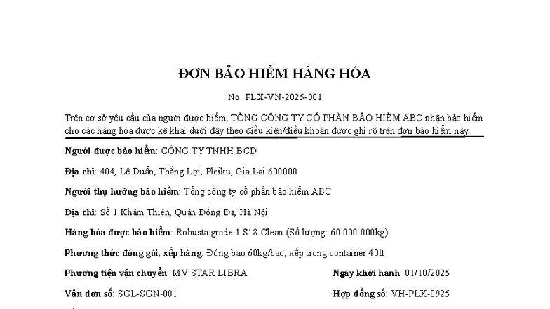 Đơn Bảo Hiểm Hàng Hóa - 147852369 - TCT CP Bảo Hiểm ABC - Studocu