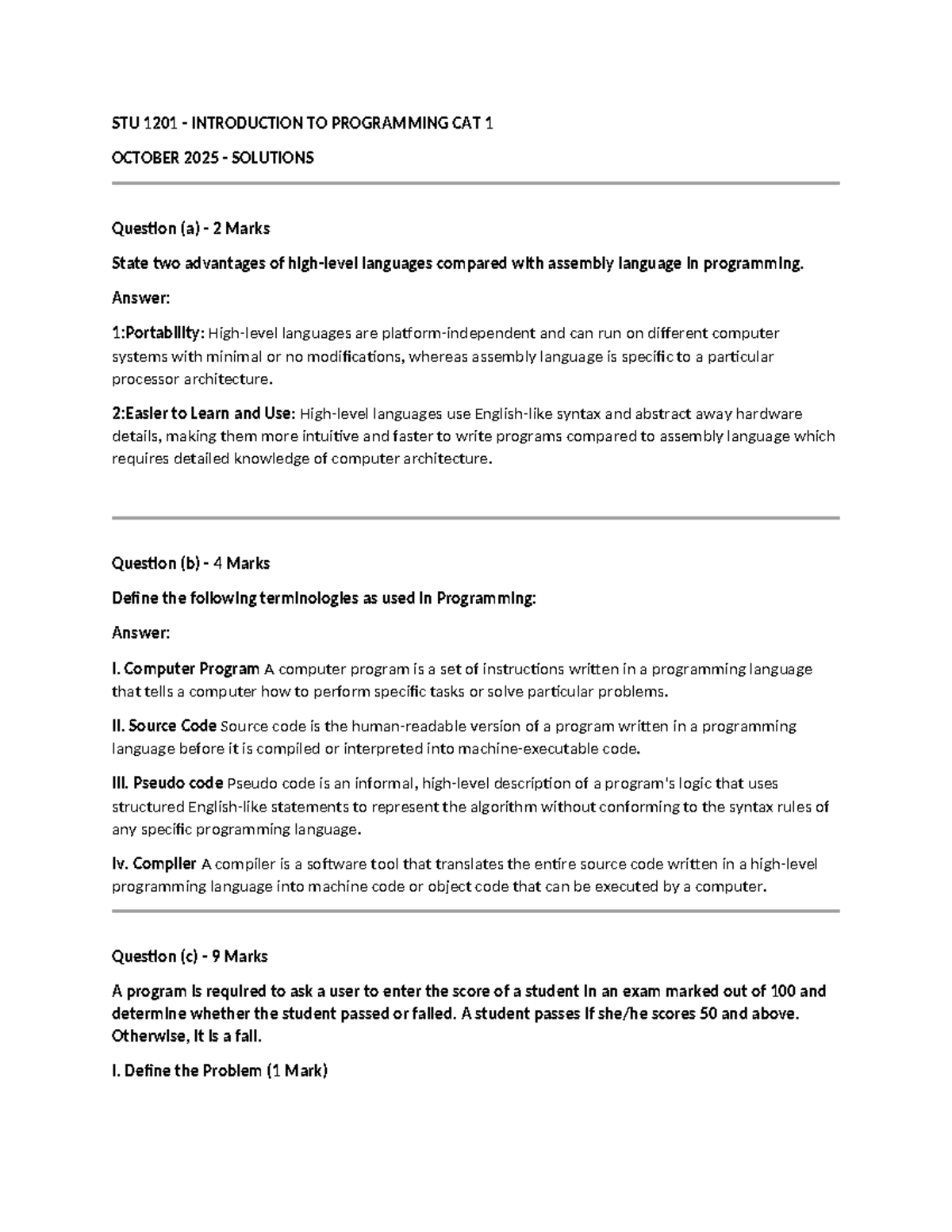 STU 1201 INTRODUCTION TO PROGRAMMING CAT 1 OCT 2025 SOLUTIONS - Studocu