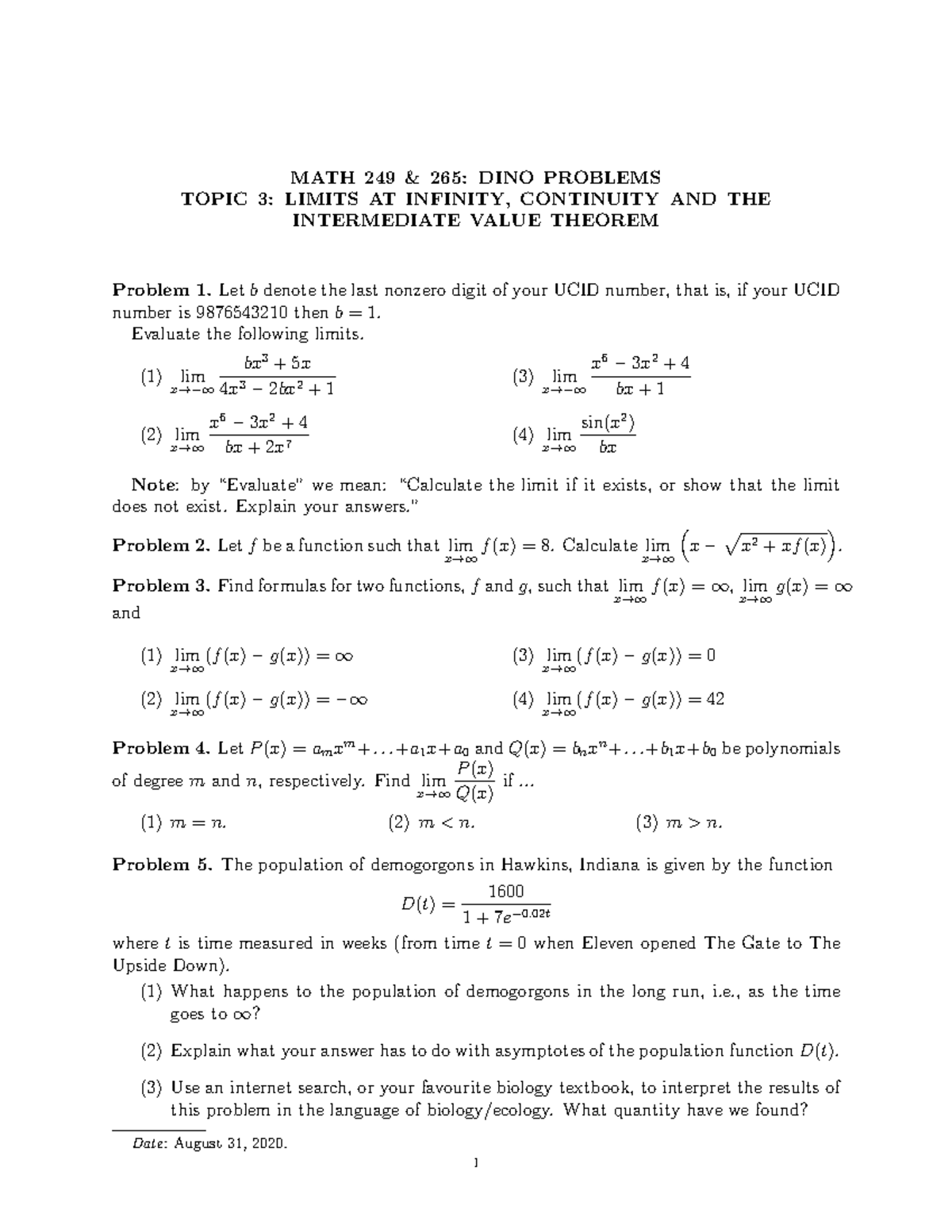 MATH 249 265: Limits at Infinity Practice Questions and Solutions - Studocu