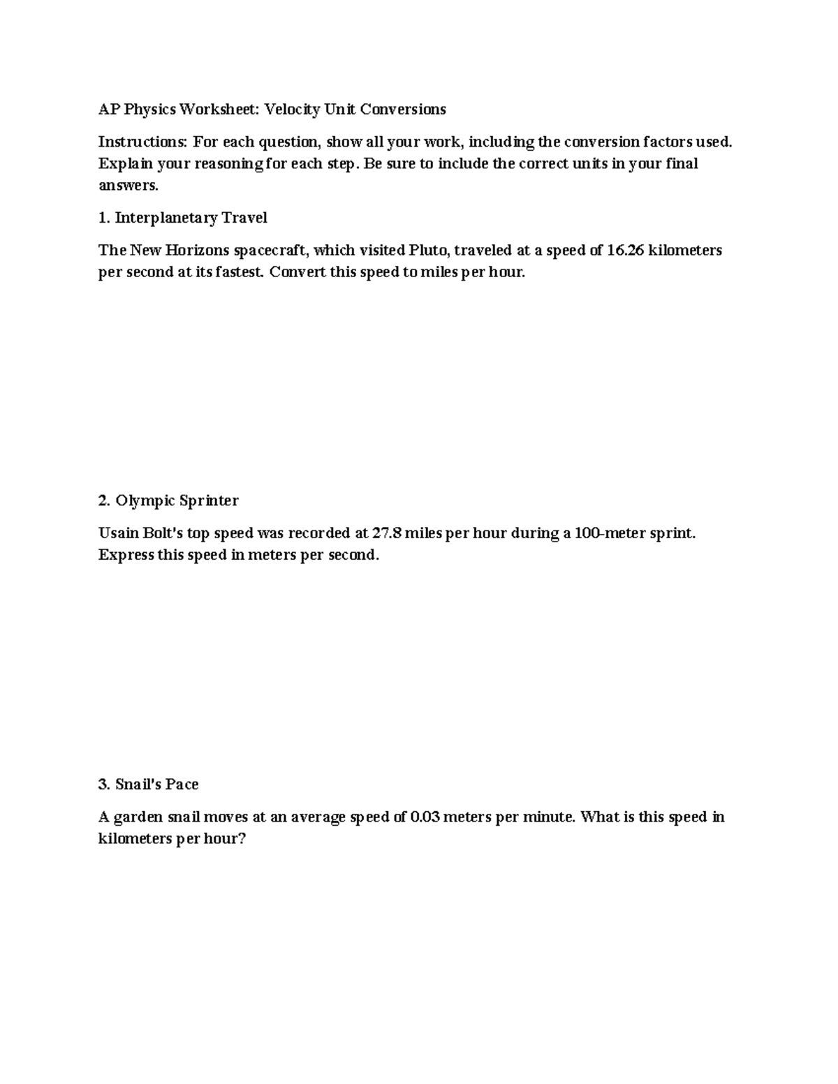 AP Physics Worksheet: Velocity Unit Conversions (AP PHYS 101) - Studocu