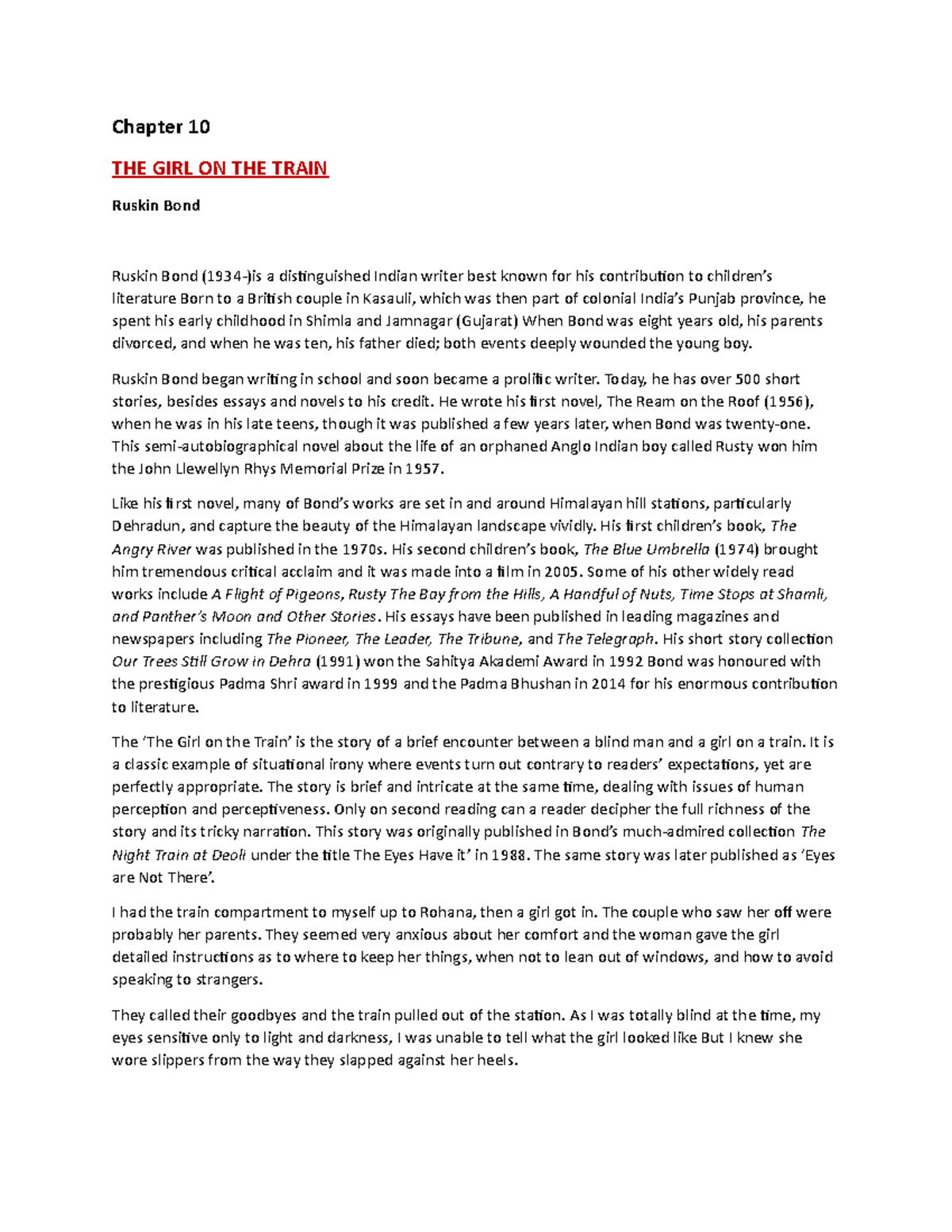 Chapter 10 Analysis of "The Girl on the Train" by Ruskin Bond - Studocu