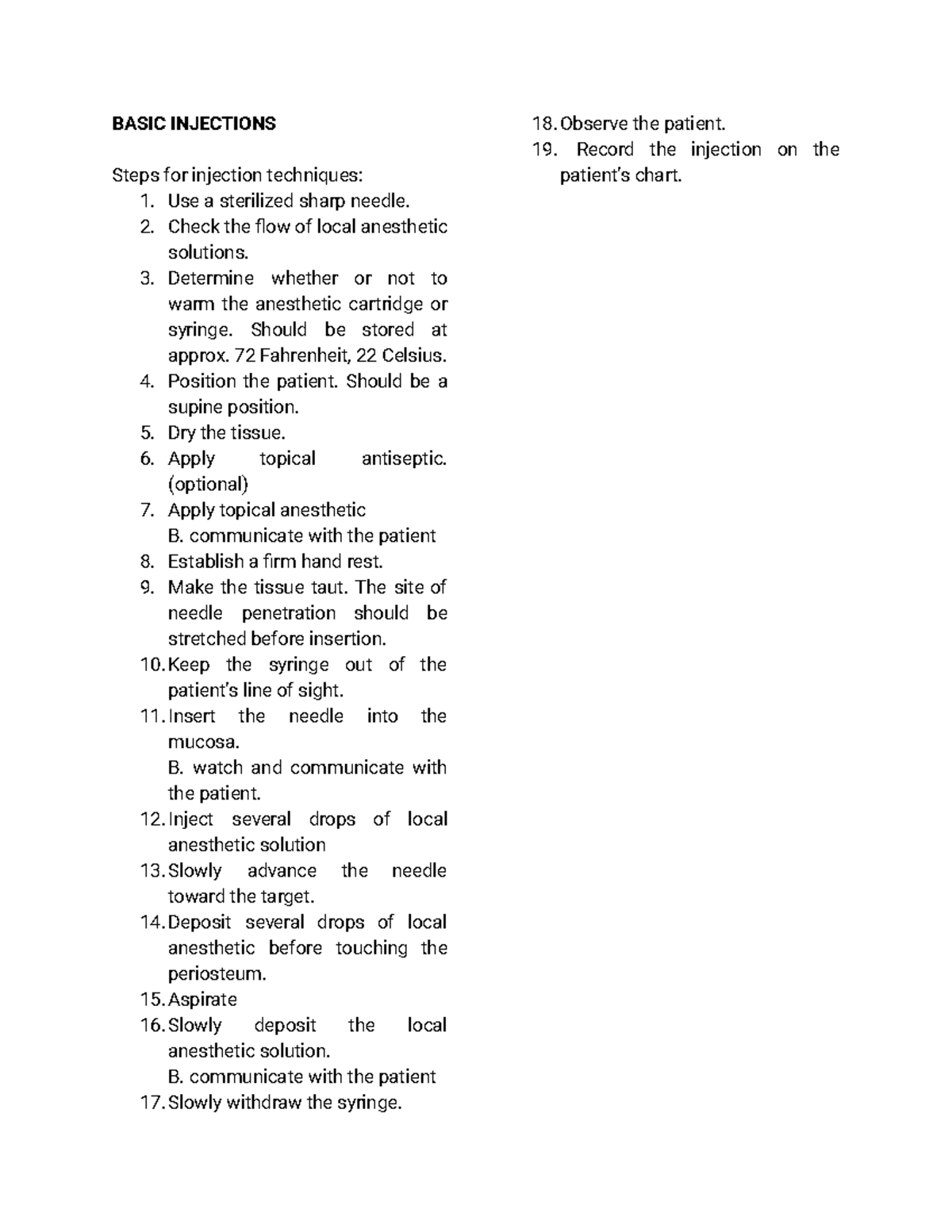 BASIC INJECTIONS: Anesthesia Techniques and Steps - Studocu