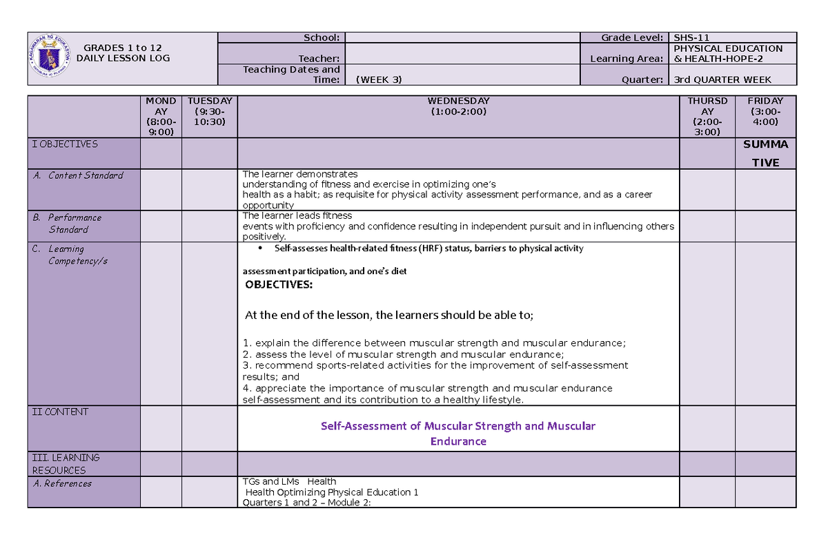 Q3-HOPE Self-Assessment of Muscular Strength & Endurance - WEEK 3 - Studocu