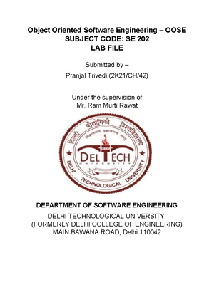 Oose - Best - OBJECT-ORIENTED SOFTWARE ENGINEERING (SE202) LAB MANUAL Subject Code: SE Subject ...
