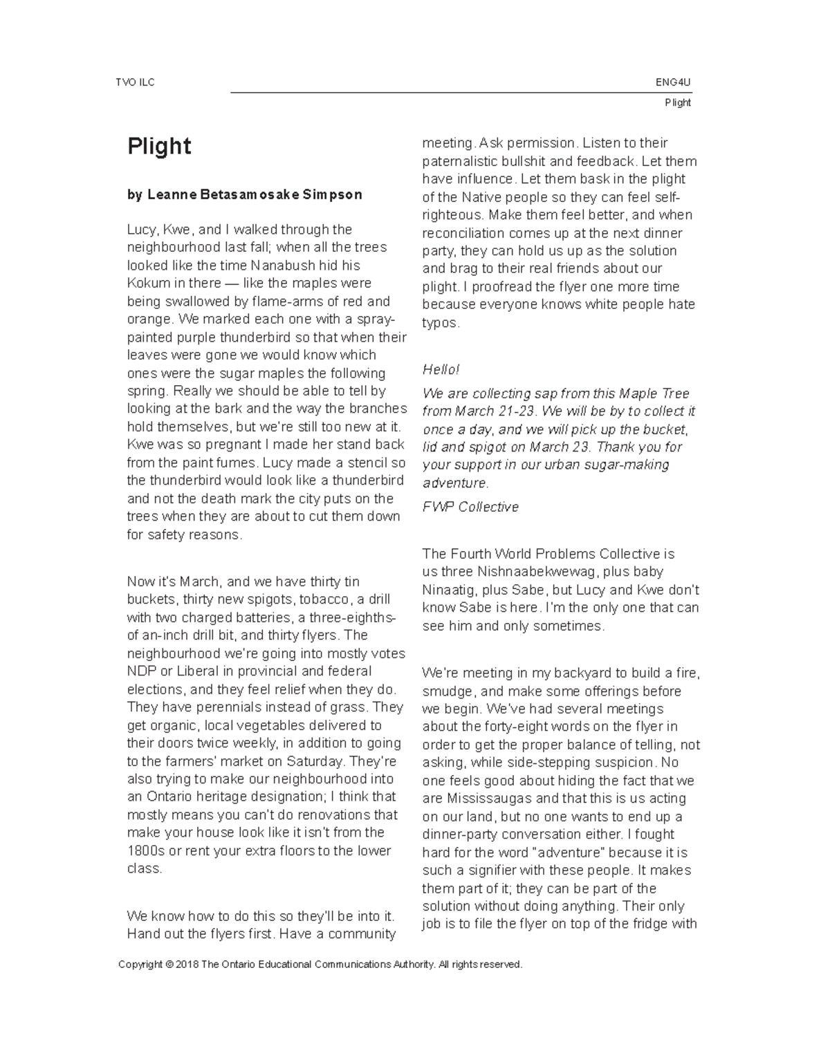 ENG4U Essay Notes: Exploring "Plight" by Leanne B. Simpson - Studocu