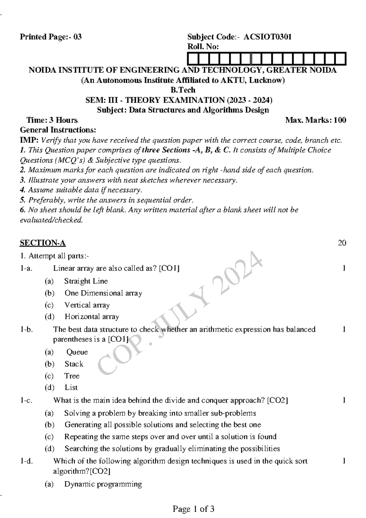 ACSIOT0301 - Data Structures & Algorithms Design Theory Exam 2023-24 ...