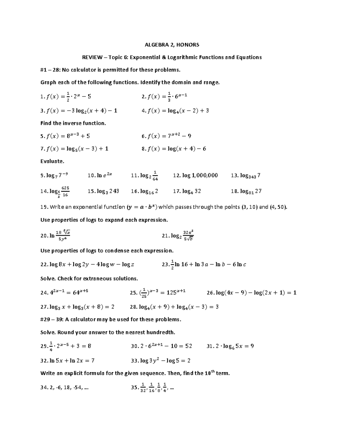 A2H - Topic 6: Exponential & Logarithmic Functions Review - Studocu