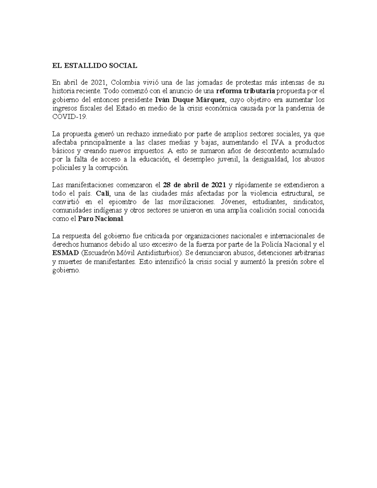 EL Estallido Social en Colombia: Análisis Académico - Studocu