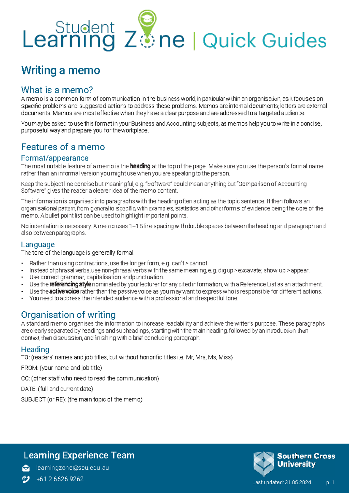 Writing a Memo: Lecture Notes for BUS 6626 - Studocu