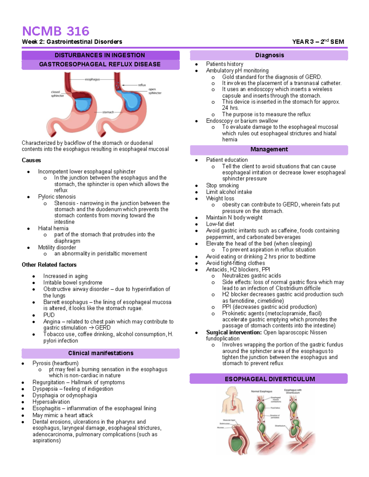 NCMB 316 - WEEK 2: Gastroesophageal Disorders and Management - Studocu