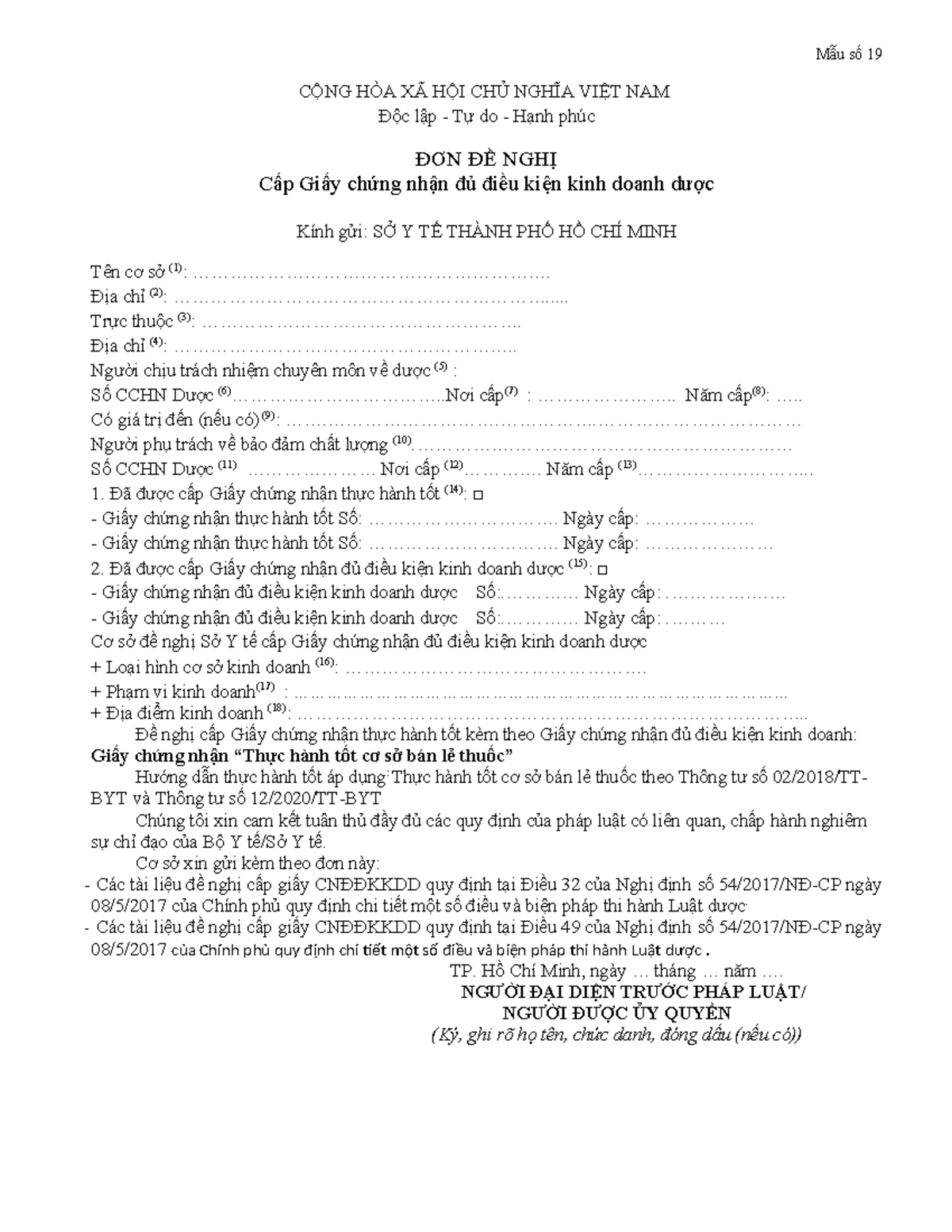 BIEU MAU ĐĐK GPP - BIEU MAU ĐĐK GPP - Mẫu số 19 CỘNG HÒA XÃ HỘI CHỦ NGHĨA VIỆT NAM Độc lập - Tự ...