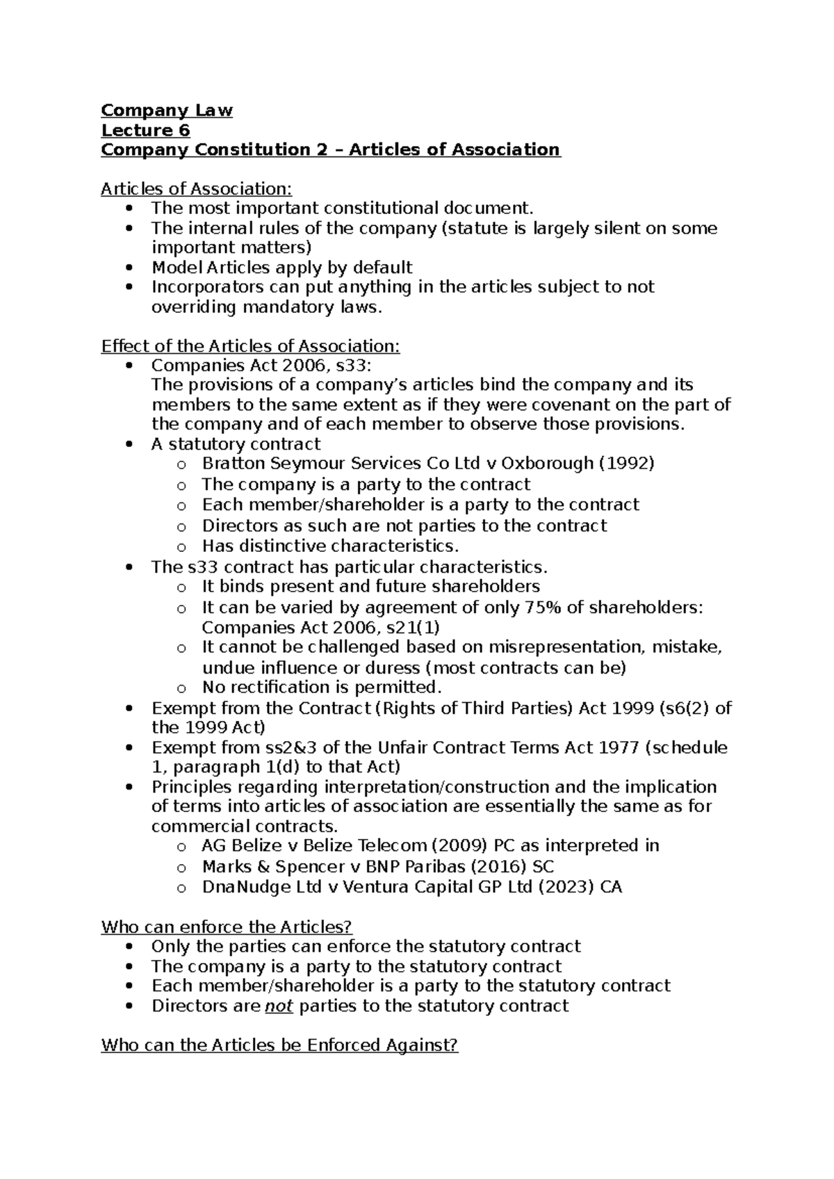 Company Law Lecture 6: The Role of Articles of Association - Studocu