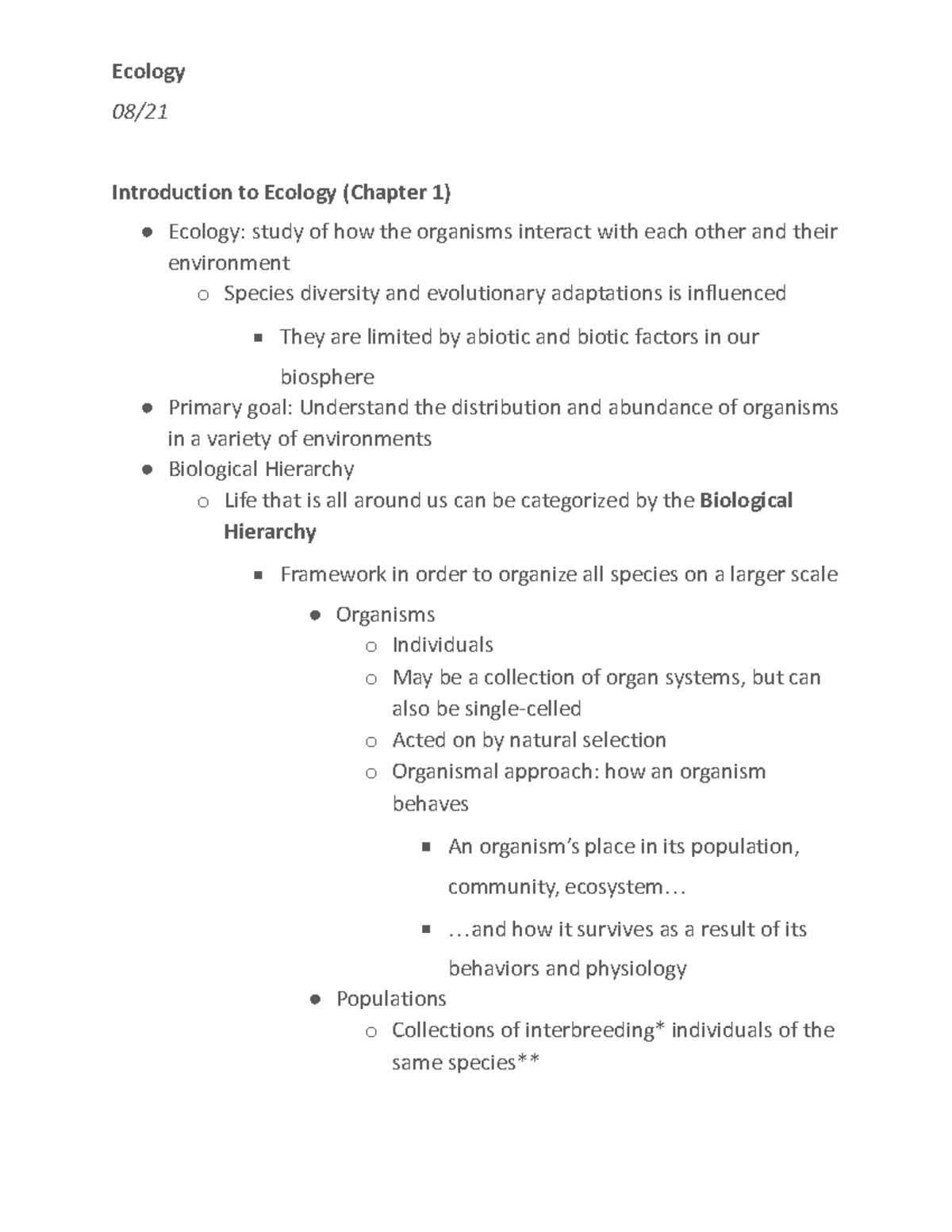 Ecology (BIOL 355) - Exam 1 notes - Ecology 08/ Introduction to Ecology ...