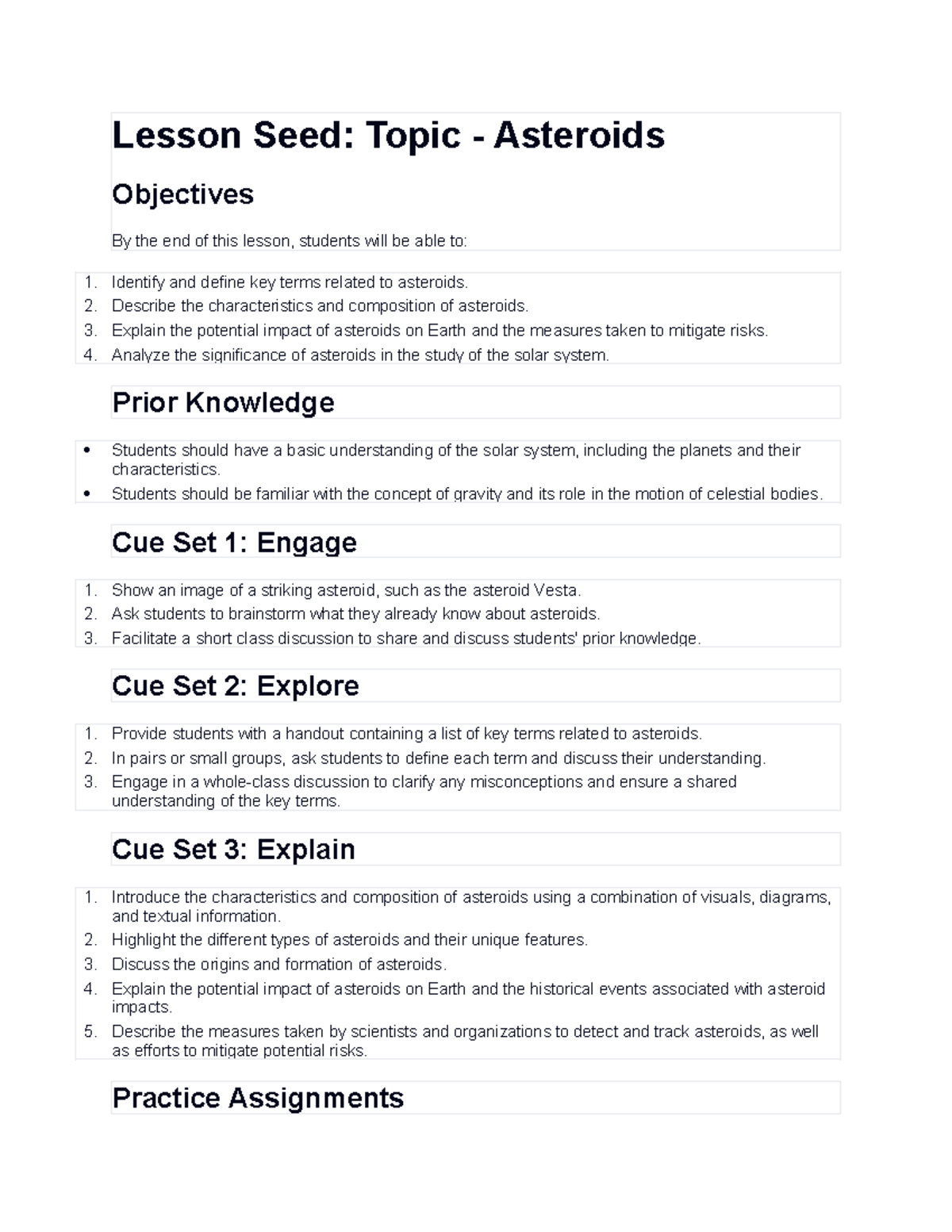 Lesson Seed - NOTES - Lesson Seed: Topic - Asteroids Objectives By the ...