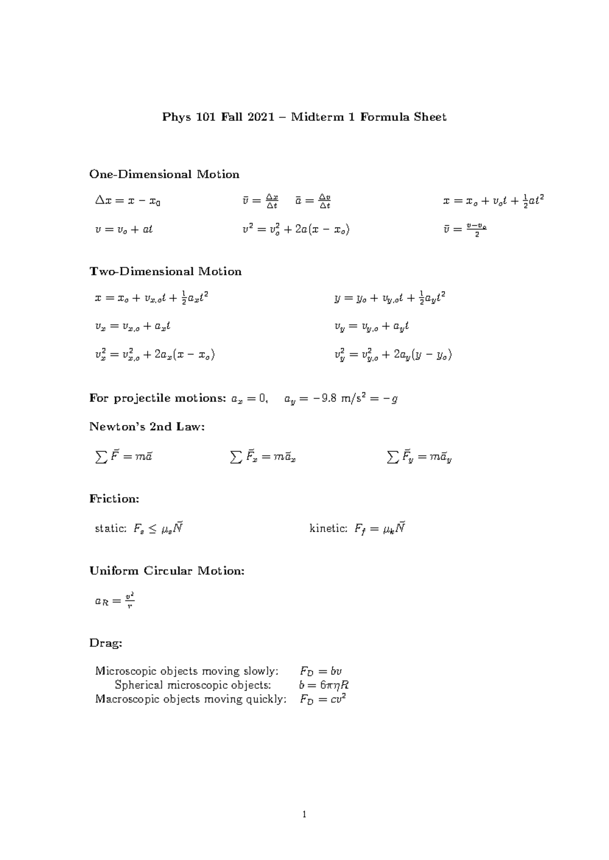 Midterm 1 Formula Sheet - PHYS 140 - SFU - Studocu