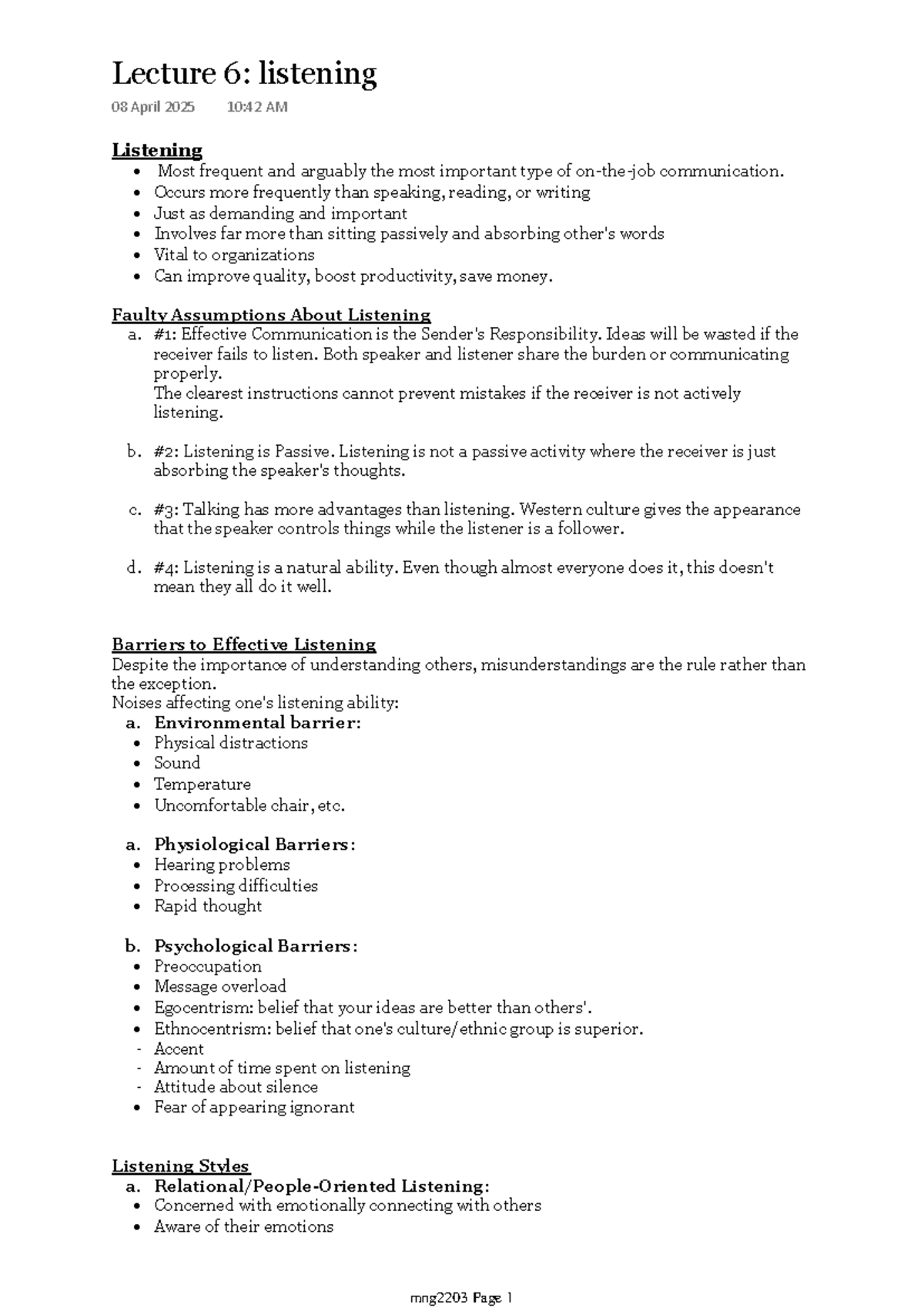 Lecture 6: Listening - Key Concepts and Effective Strategies (MNG2203 ...
