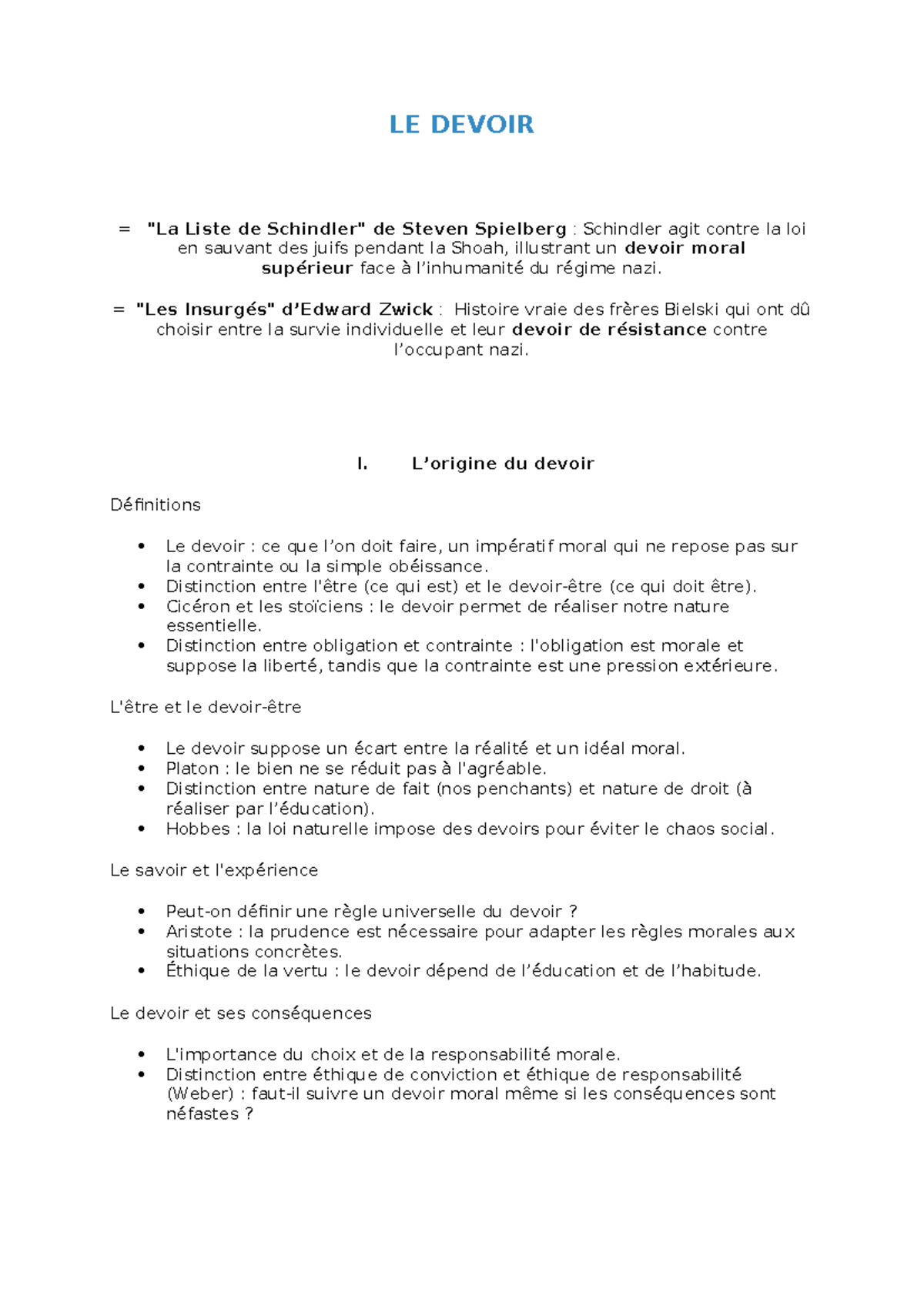 Fiche de révision sur le devoir en éthique et morale - Studocu