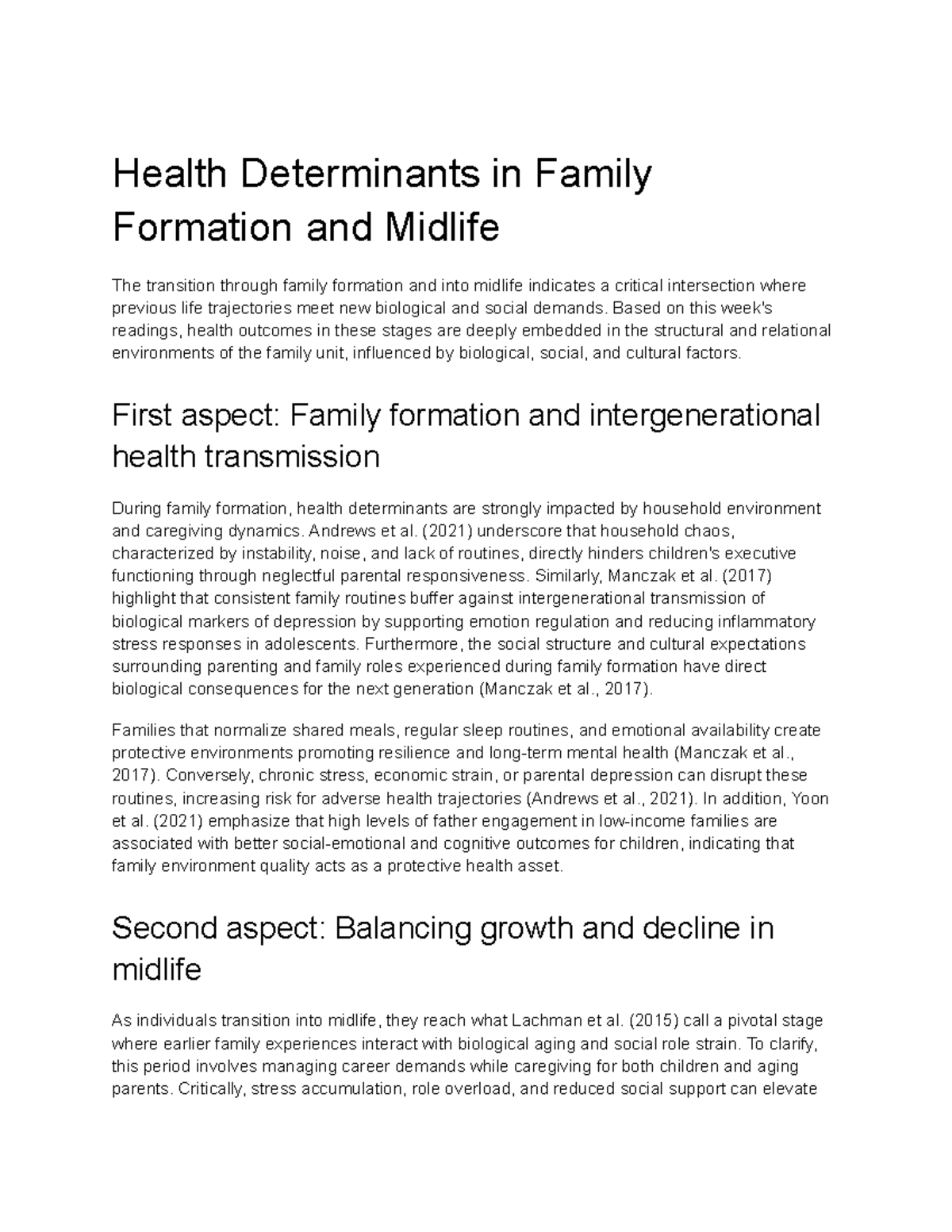Health Determinants in Family Formation & Midlife - Week 6 Discussion ...
