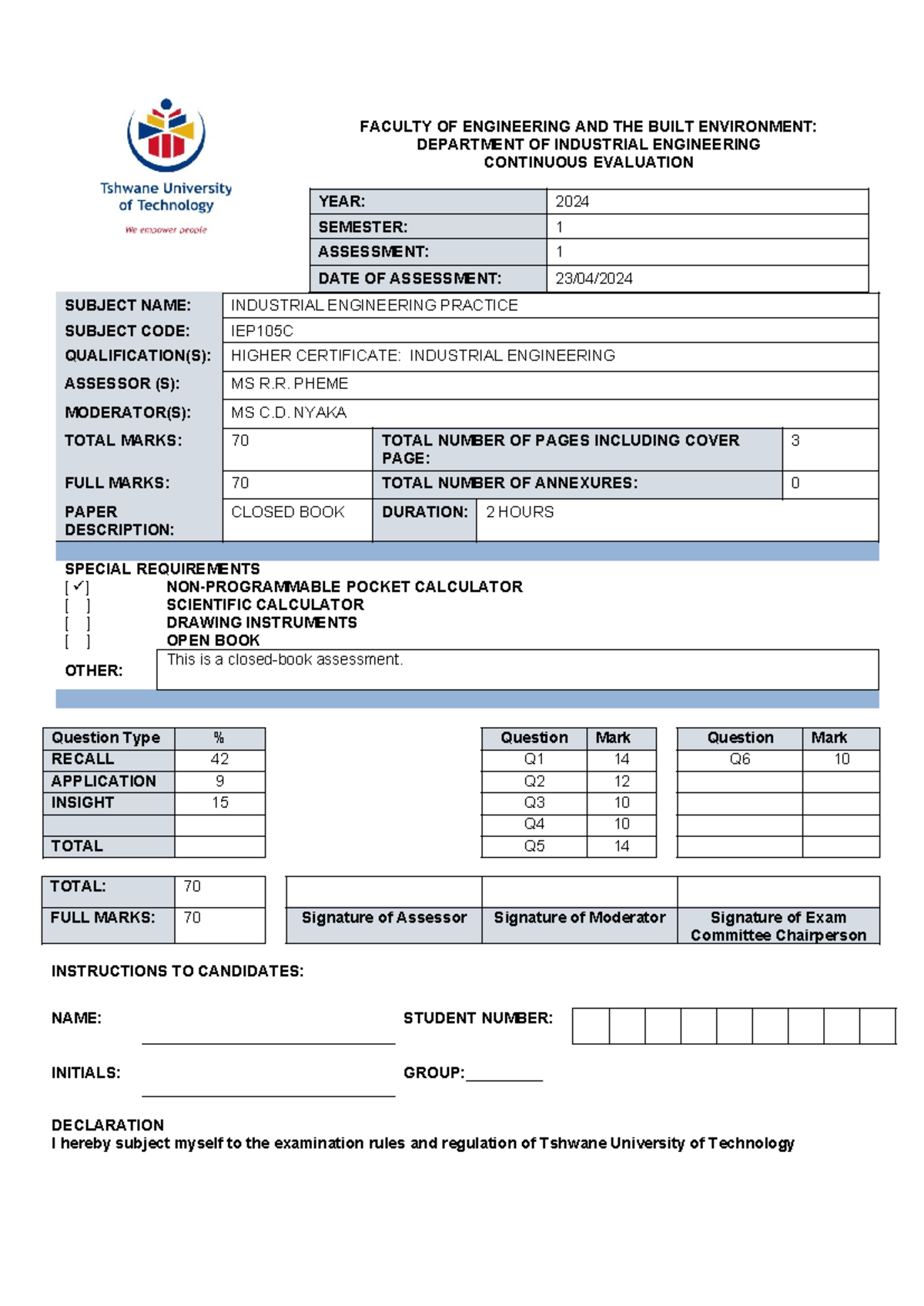 IEP105C Industrial Engineering Practice Assessment 1 - 2024 Semester 1 ...