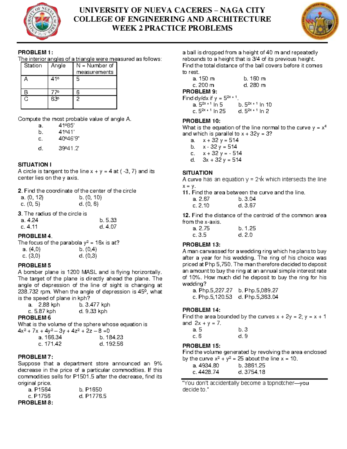 Practice Problems for Engineering Math - Week 2 - Studocu
