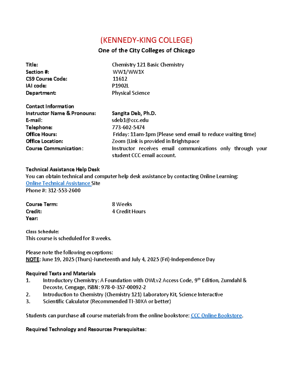 Chemistry 121 (CS9) 8-Week Course Syllabus and Learning Outcomes - Studocu