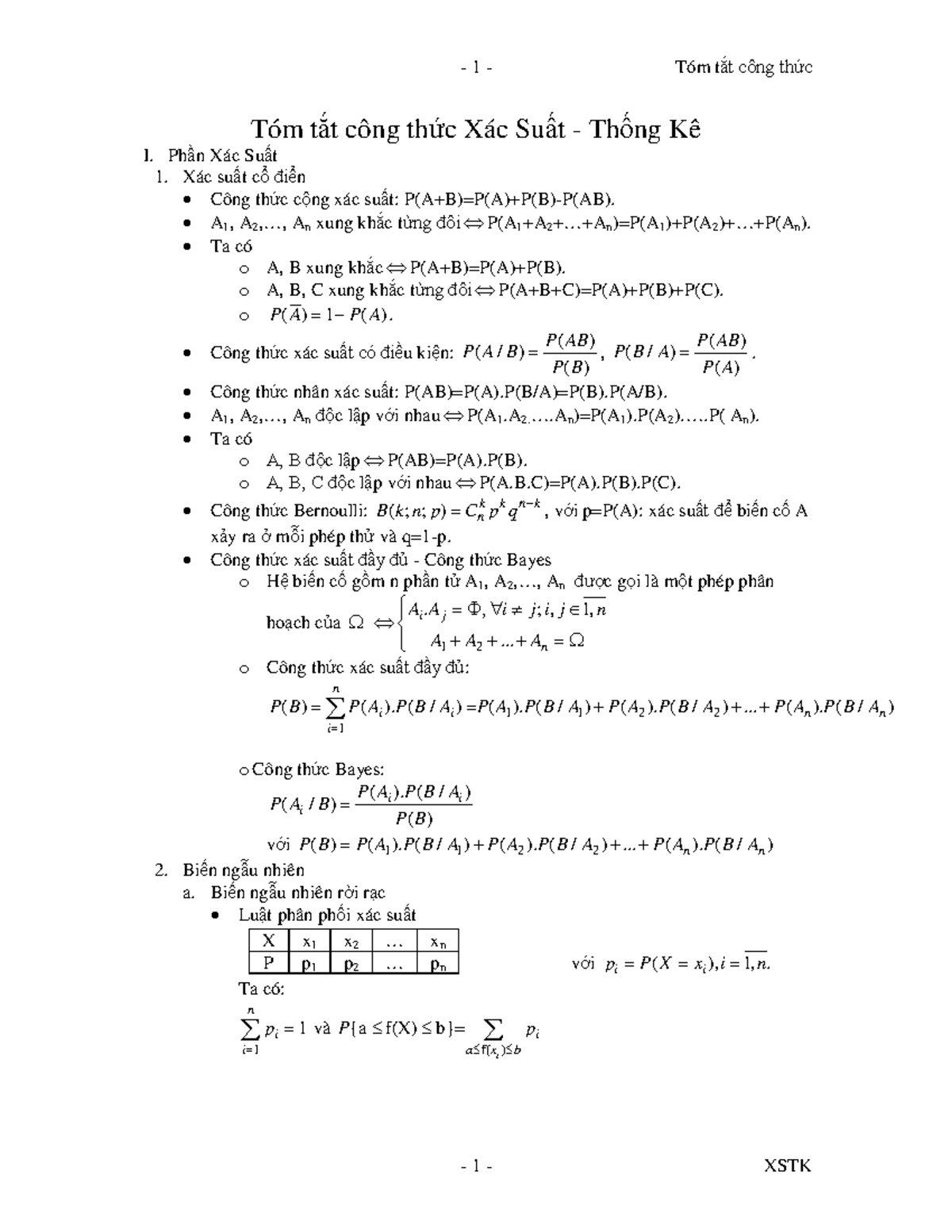 Tóm tắt công thức Xác Suất Thống Kê I cho SV (XSTK) - Studocu