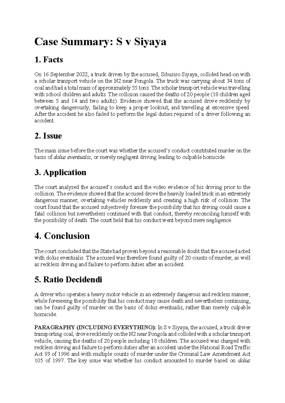 Case Summary: S v Siyaya - Reckless Driving & Murder Charges - Studocu