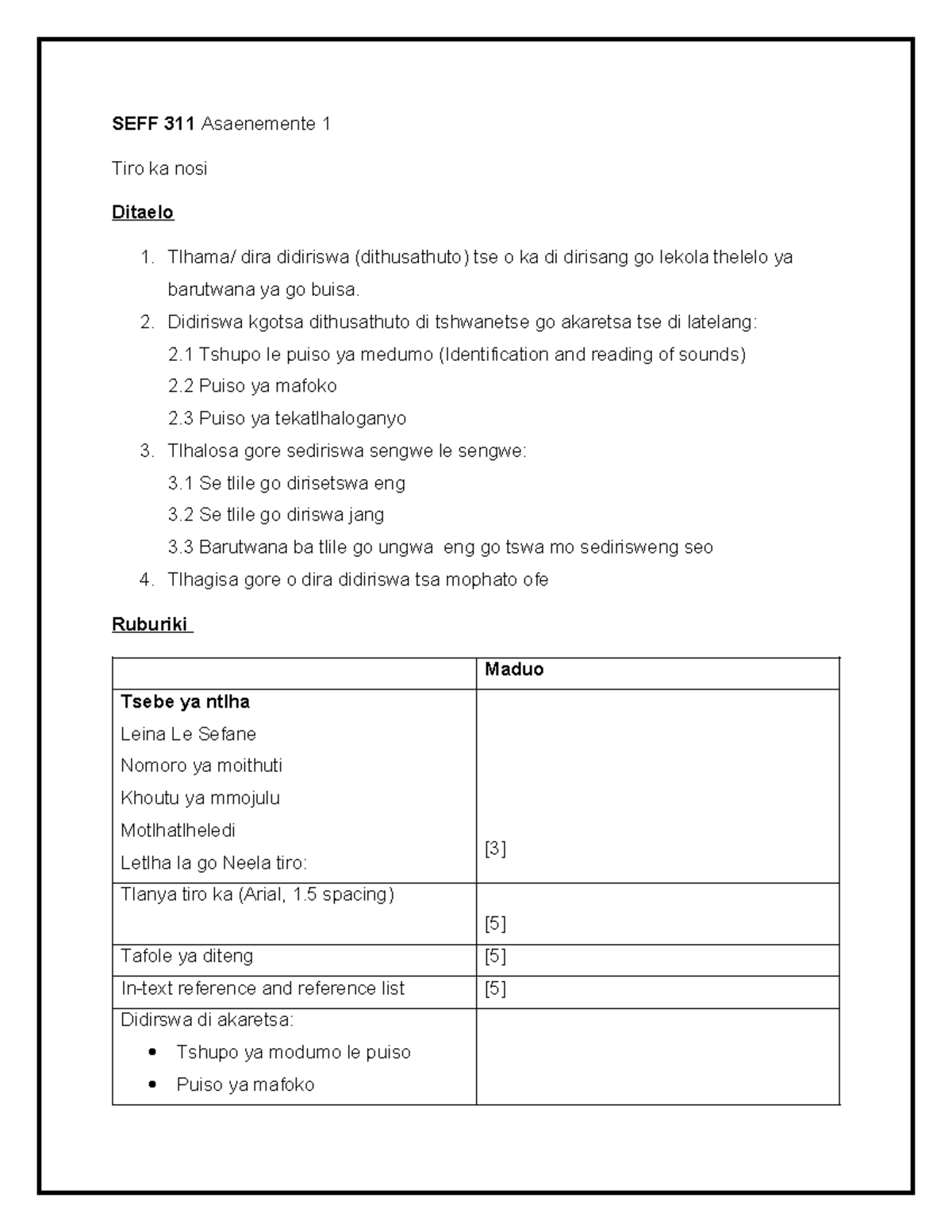 SEFF 311 Assignment 1: Resources for Assessing Learner Reading Skills ...