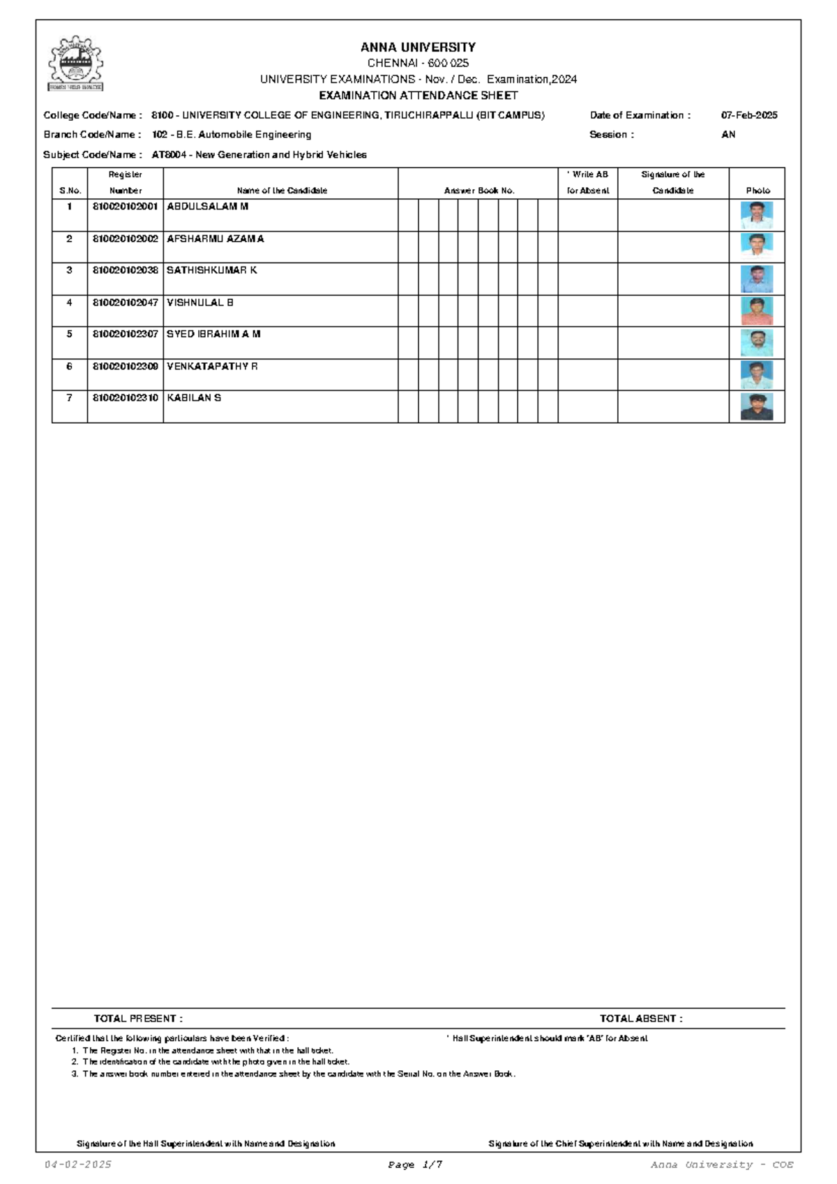 Anna University Exam Attendance Sheet for Nov-Dec 2024 (B.E. Courses ...