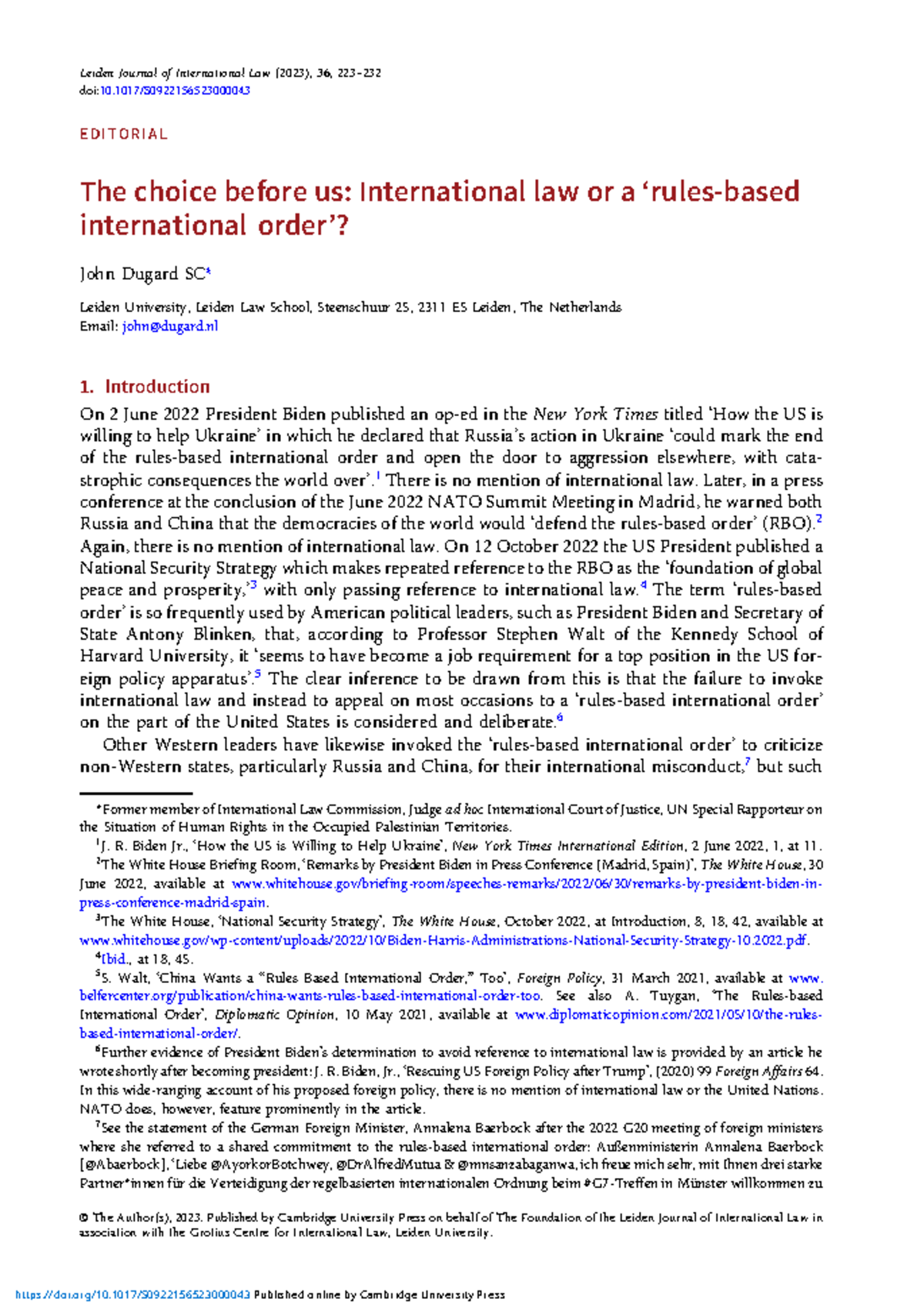 John Dugard - The Choice Before Us: Int'l Law vs. RBO (LJIL, 2023 ...