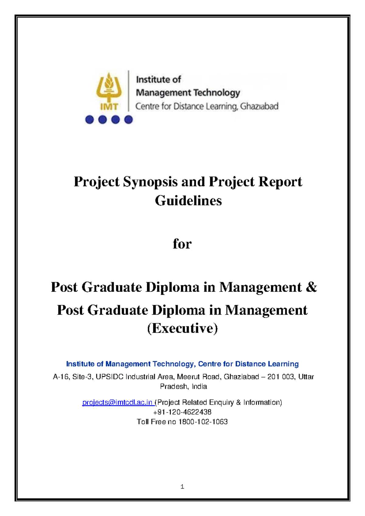 Project Guidelines IMT CDL - Project Synopsis and Project Report Guidelines for Post Graduate ...