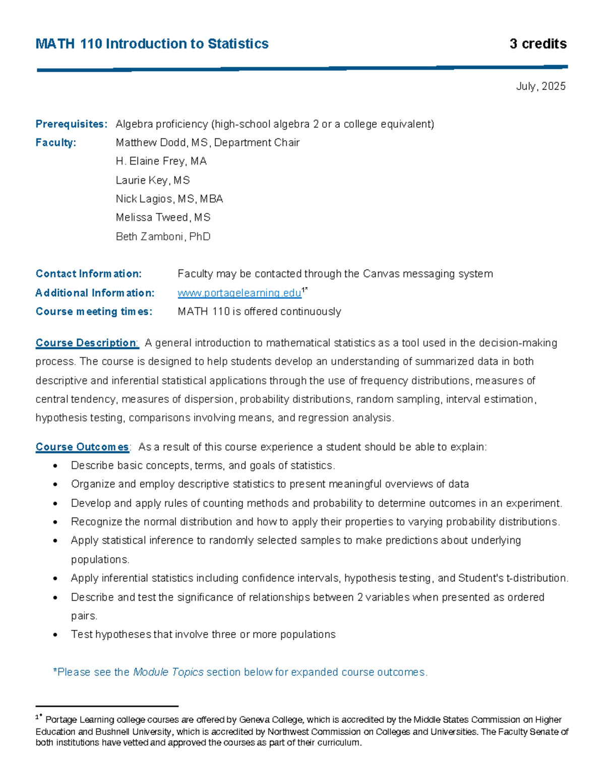 MATH 110 Introduction to Statistics Course Overview and Guidelines ...