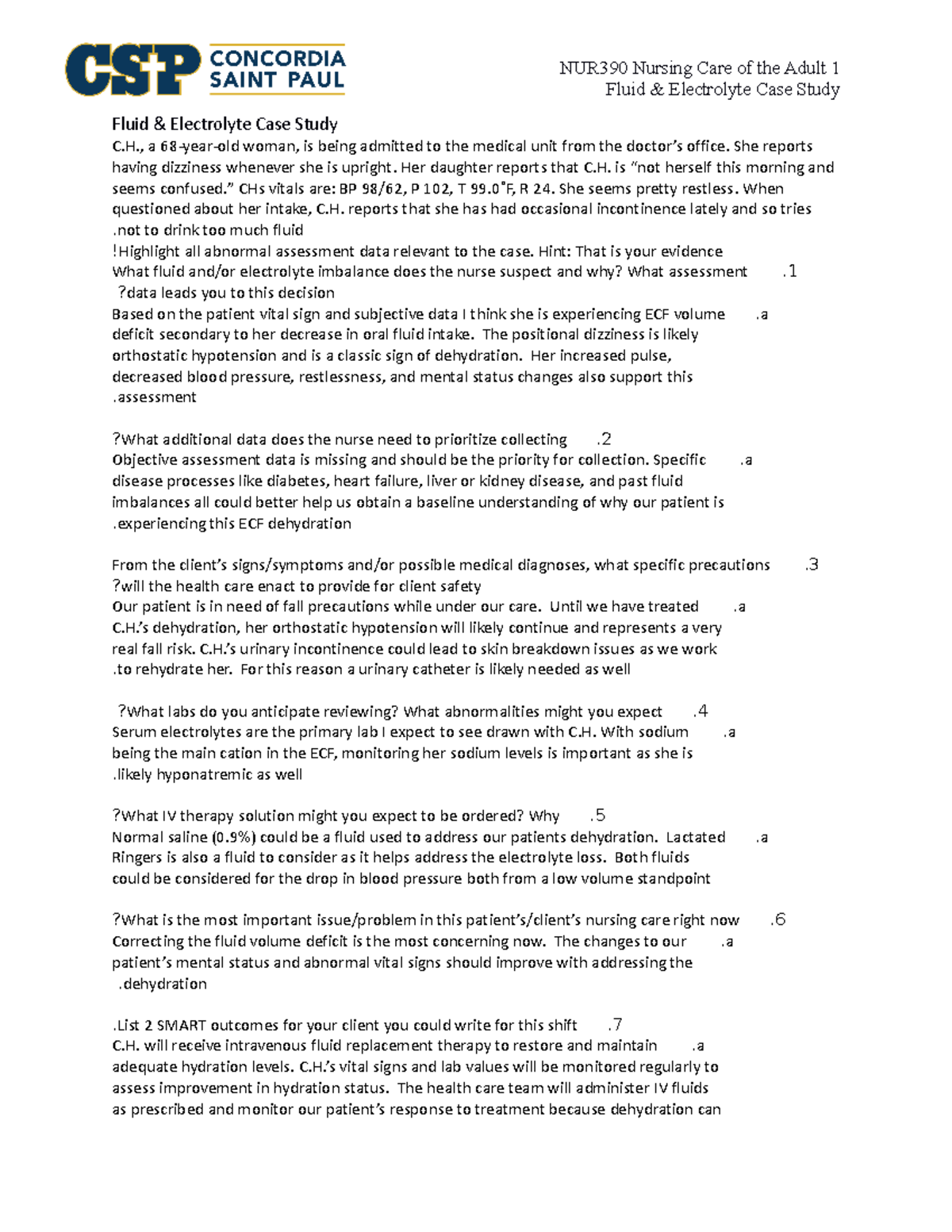 NUR390 Fluid & Electrolyte Case Study: Assessment & Interventions - Studocu