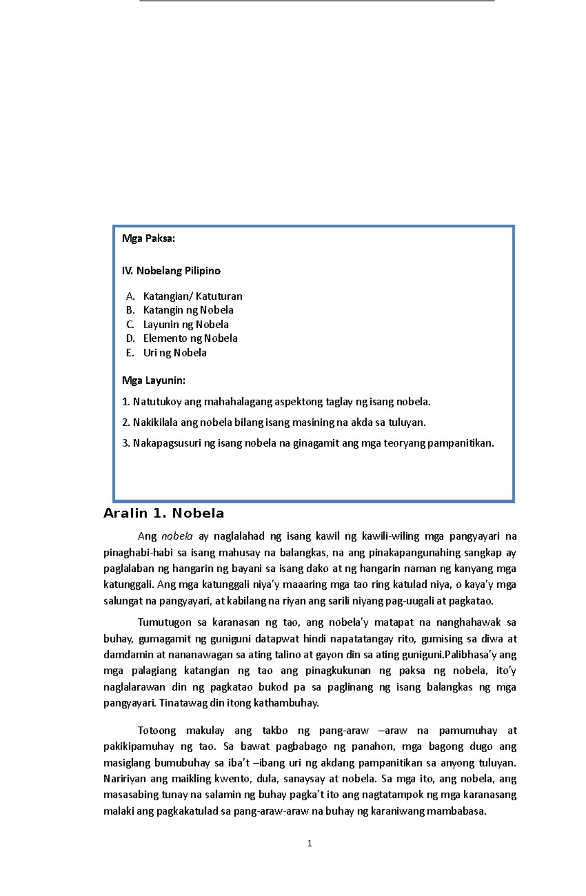 Modyul sa Nobela: Mga Katangian at Uri ng Nobelang Filipino - Studocu