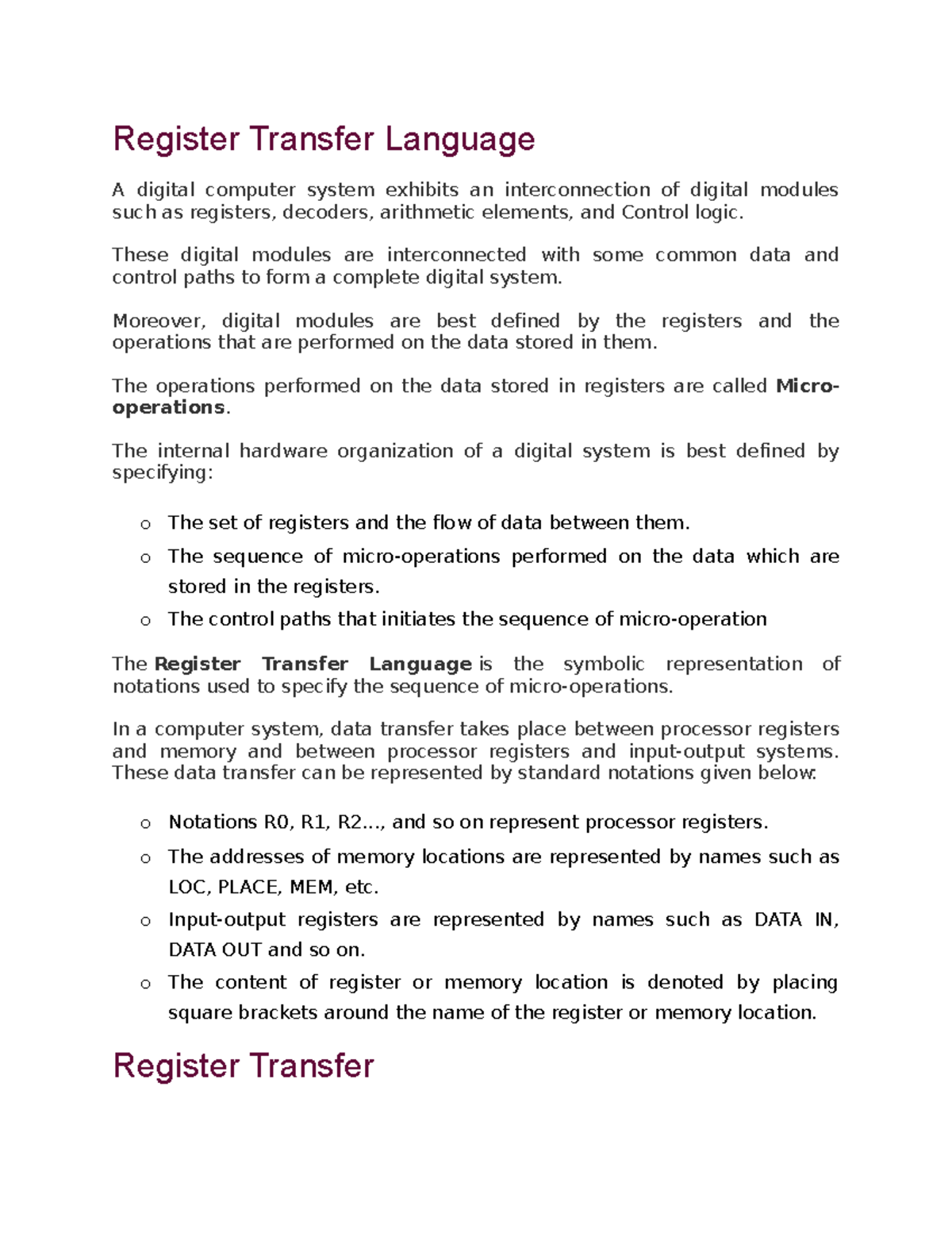 bus and register - Register Transfer Language A digital computer system ...