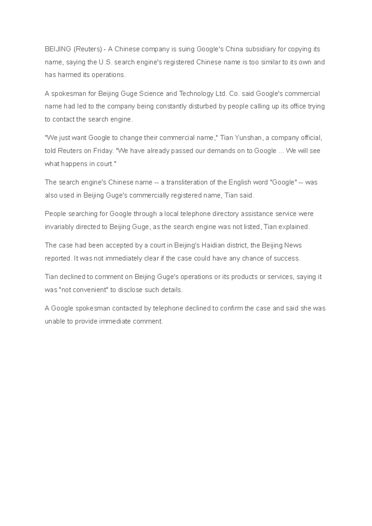 China's Legal Battle: Guge vs. Google Over Name Similarity - Studocu