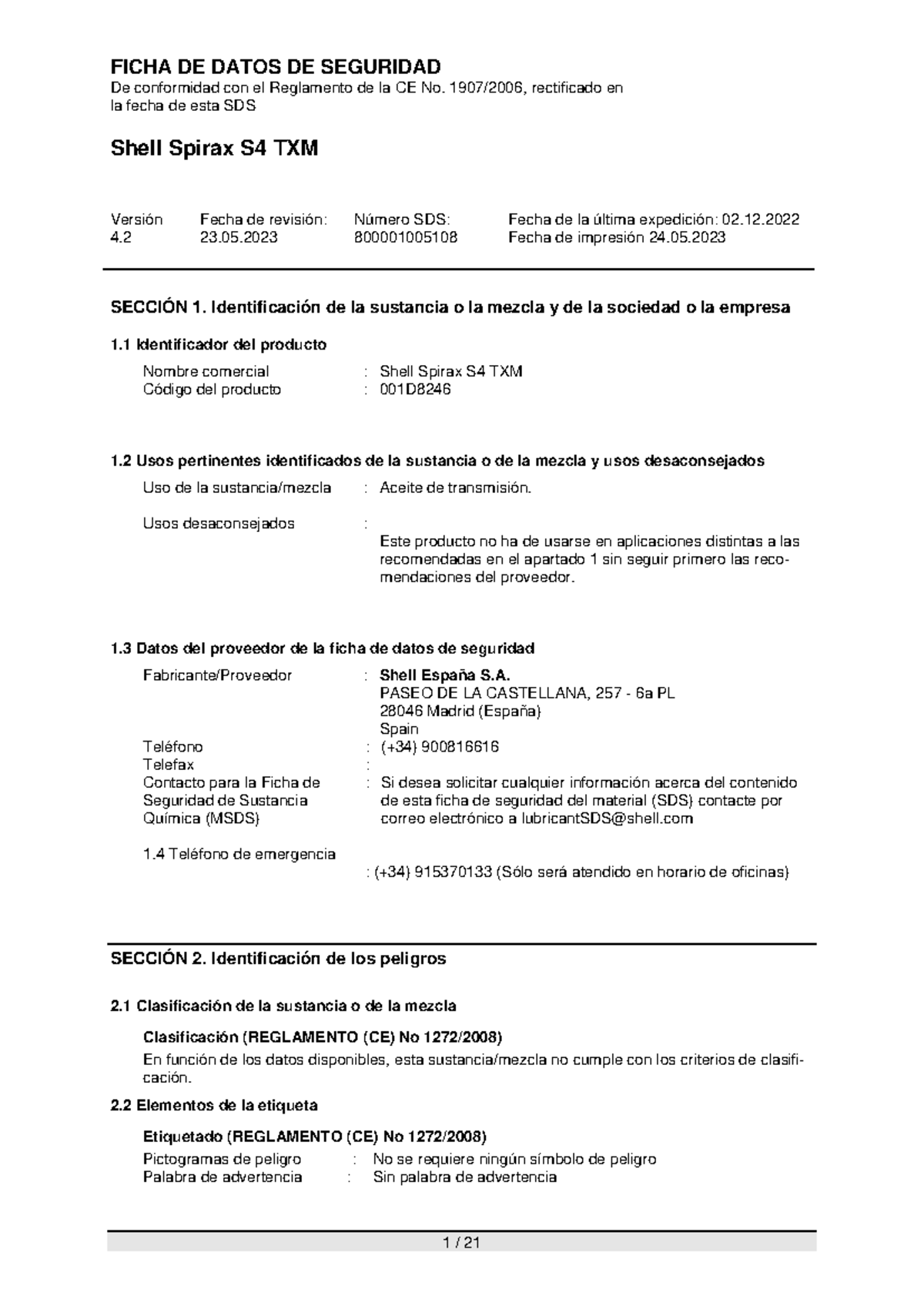 Ficha de Datos de Seguridad (SDS) Shell Spirax S4 TXM - Versión 4.2 ...
