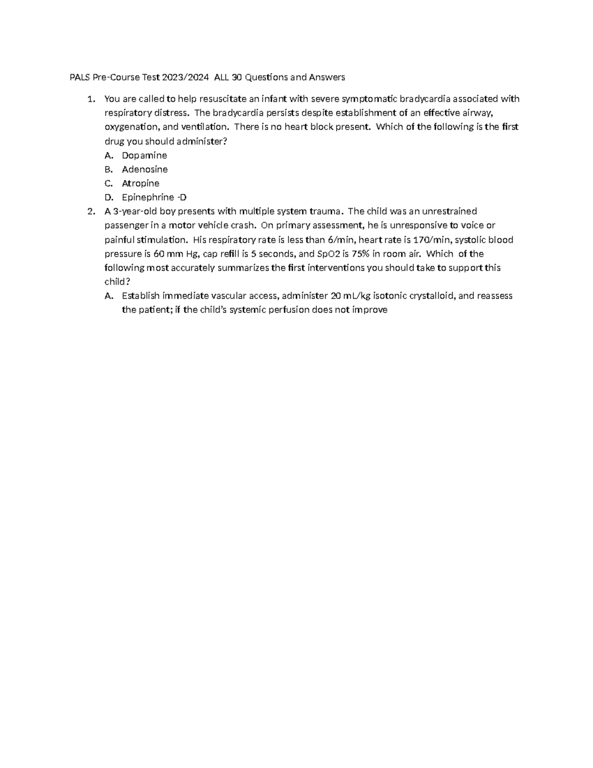 PALS Pre-Course Test 2023/2024: All Questions & Answers (30) - Studocu