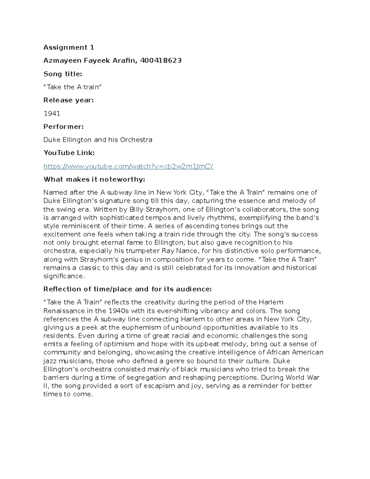 Assignment 1 music - Assignment 1 Azmayeen Fayeek Arafin, 400418623 ...