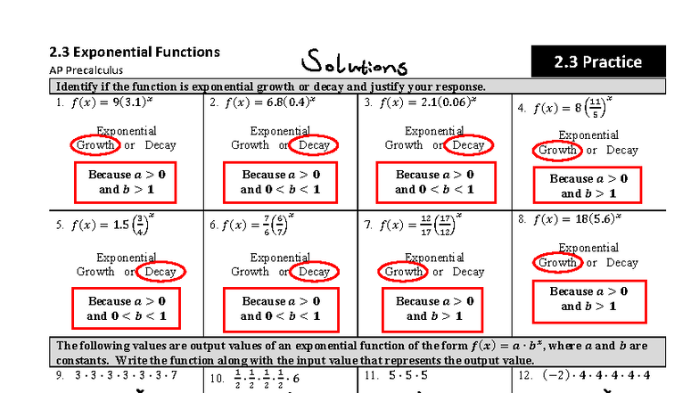 AP Precalculus 2.3 Exponential Functions: Growth vs. Decay Analysis - Studocu