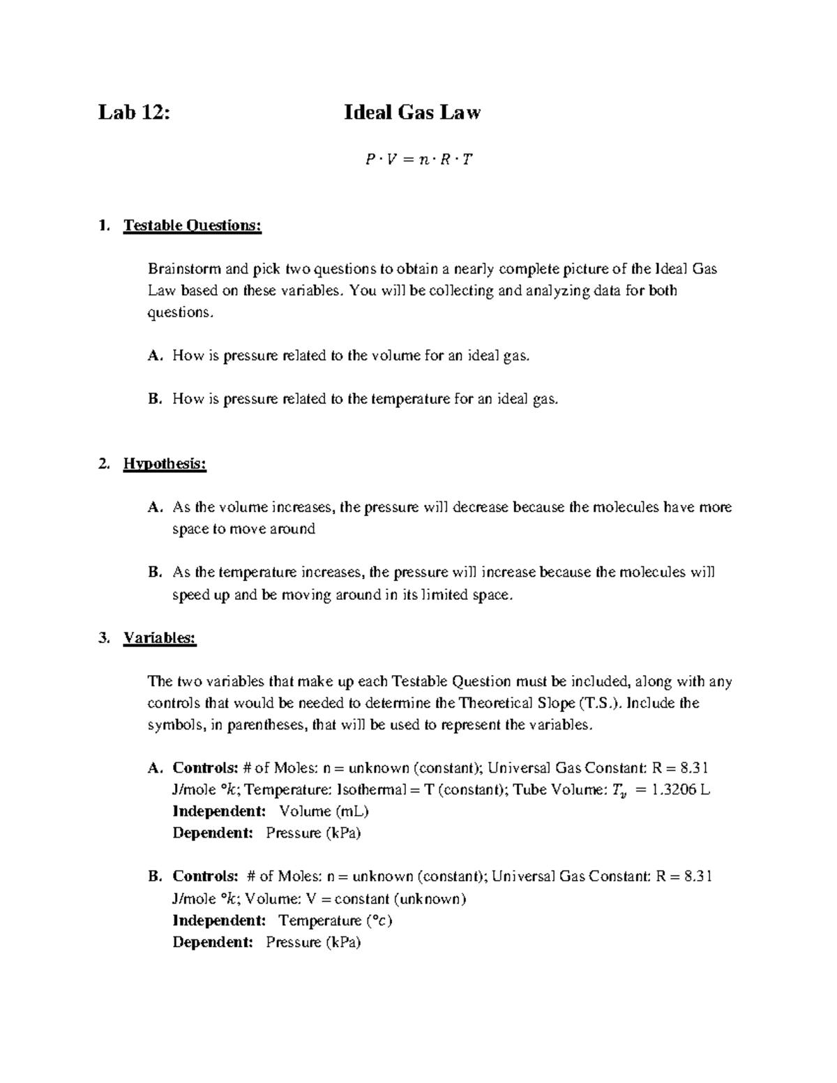 Lab 12: Exploring the ideal gas law through experiments and analysis ...
