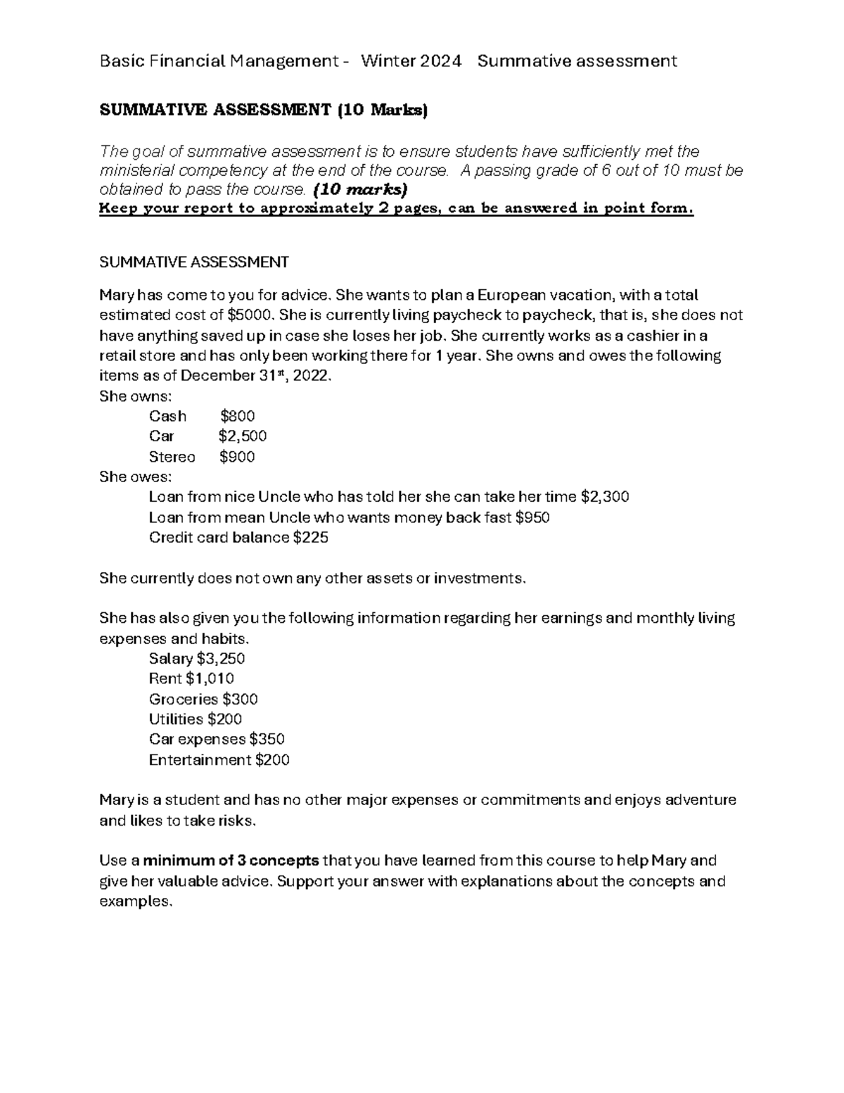 Summative Assessment: Financial Management W24 - Mary’s Vacation Plan ...